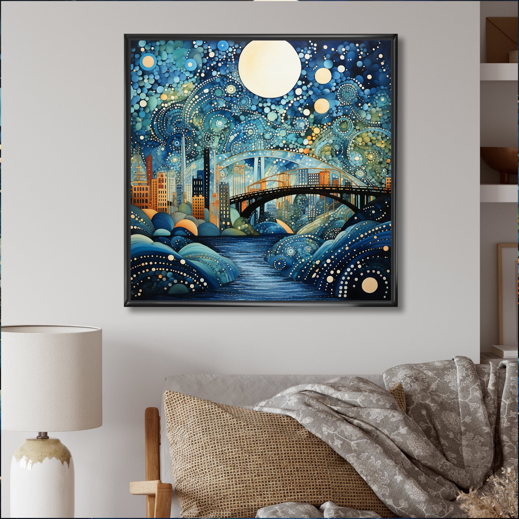 Designart "Blue Bridge Flowing Connections Pointillism I" Pointillism ...