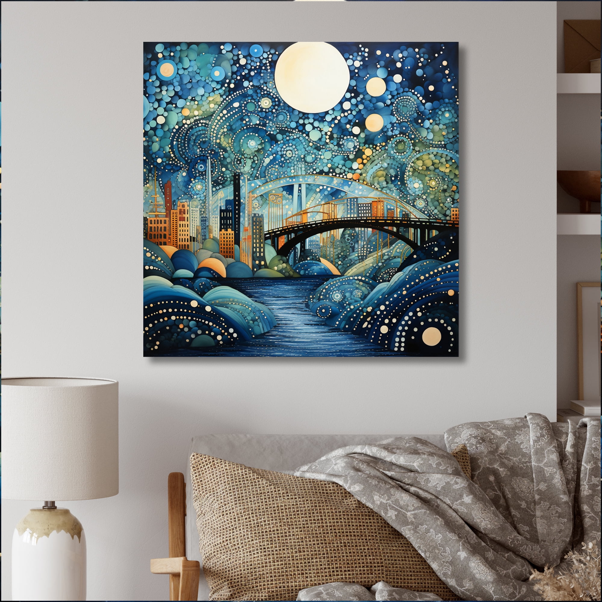 Designart "Blue Bridge Flowing Connections Pointillism I" Pointillism ...
