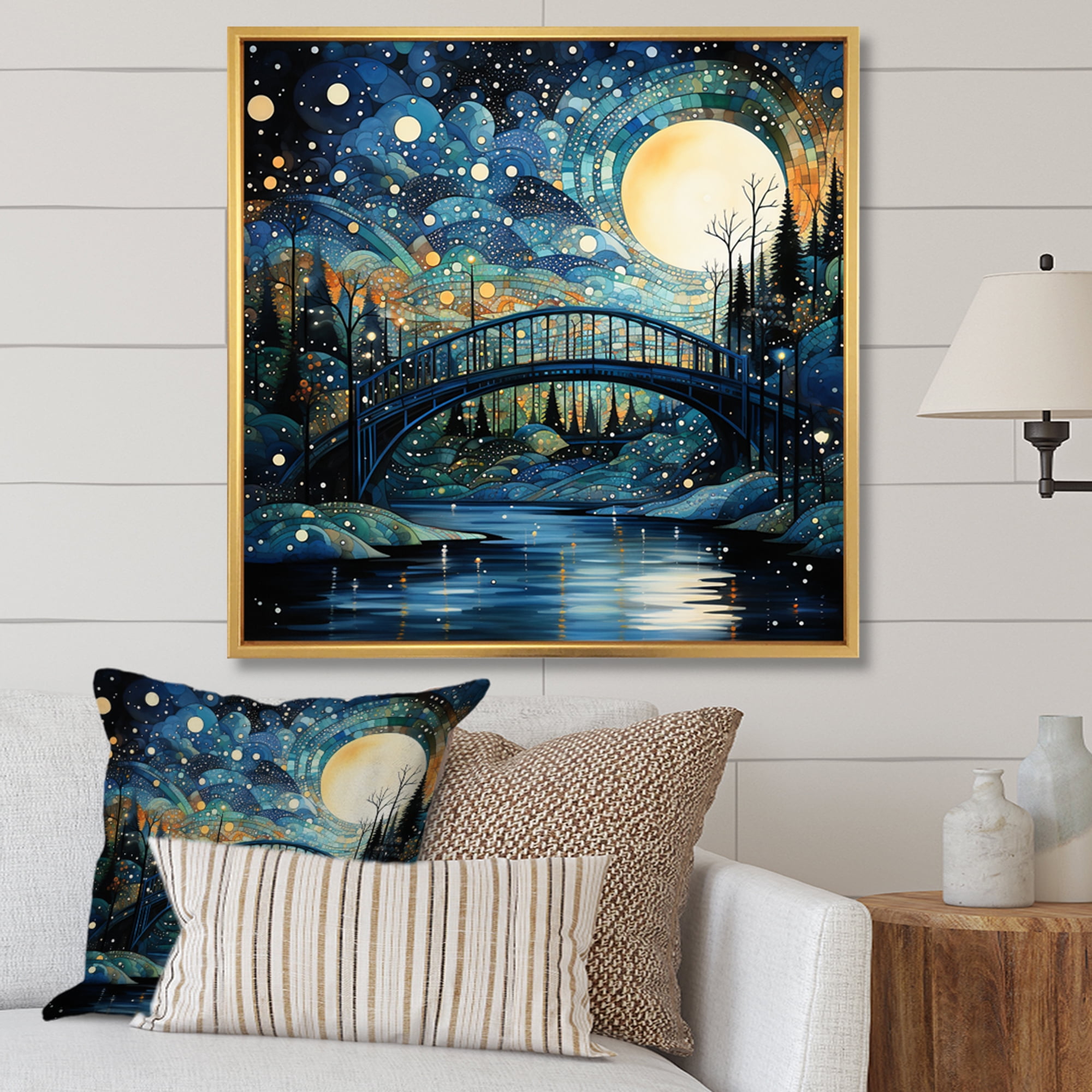 Designart "Blue Bridge Flowing Connections Pointillism II" Pointillism ...