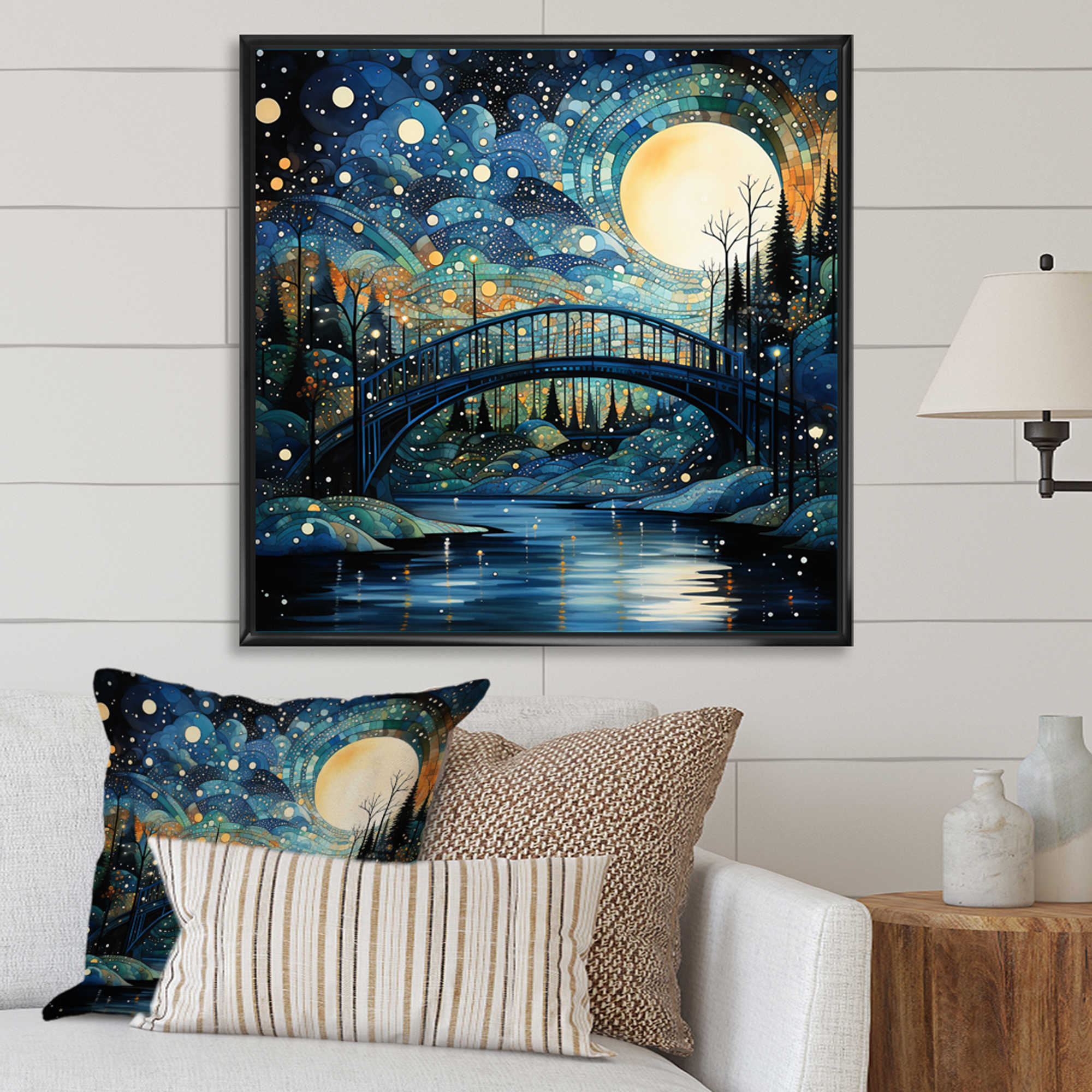 Designart "Blue Bridge Flowing Connections Pointillism II" Pointillism ...