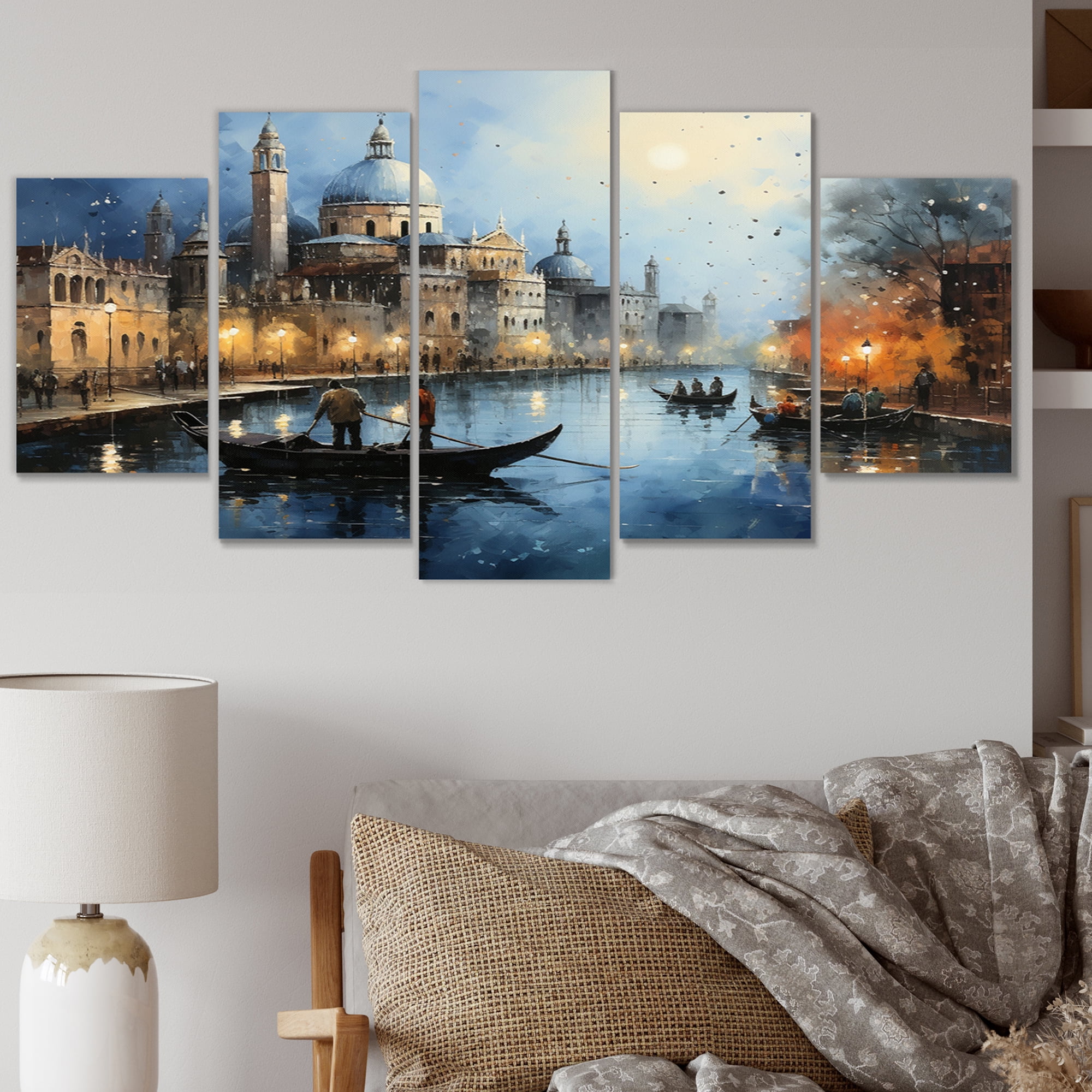 Designart "Blue Canal Urban Venice Charcoal" Canals Metal Art Print Set ...