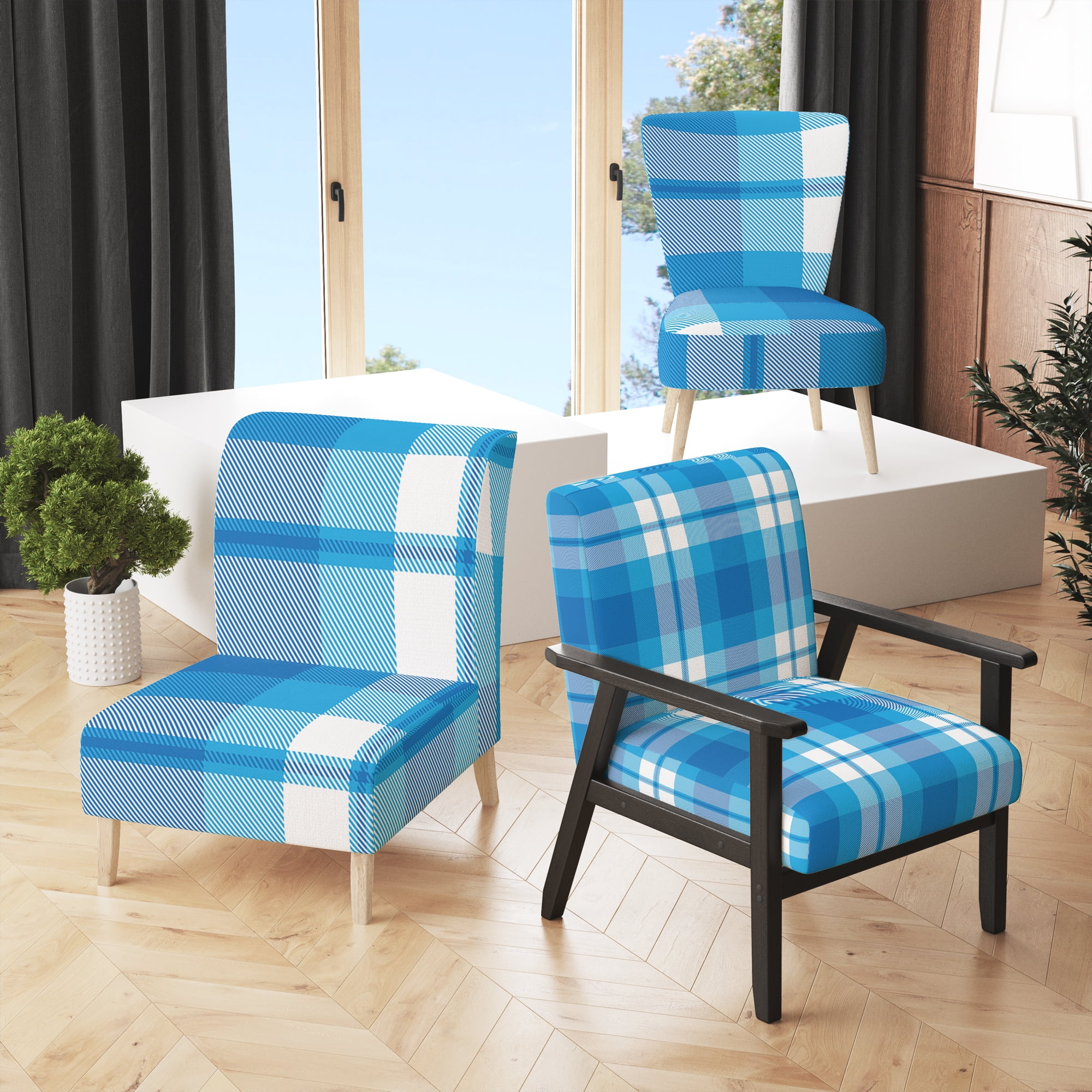 Designart "Blue Checked Tartan" Upholstered Patterned Accent Chair and ...