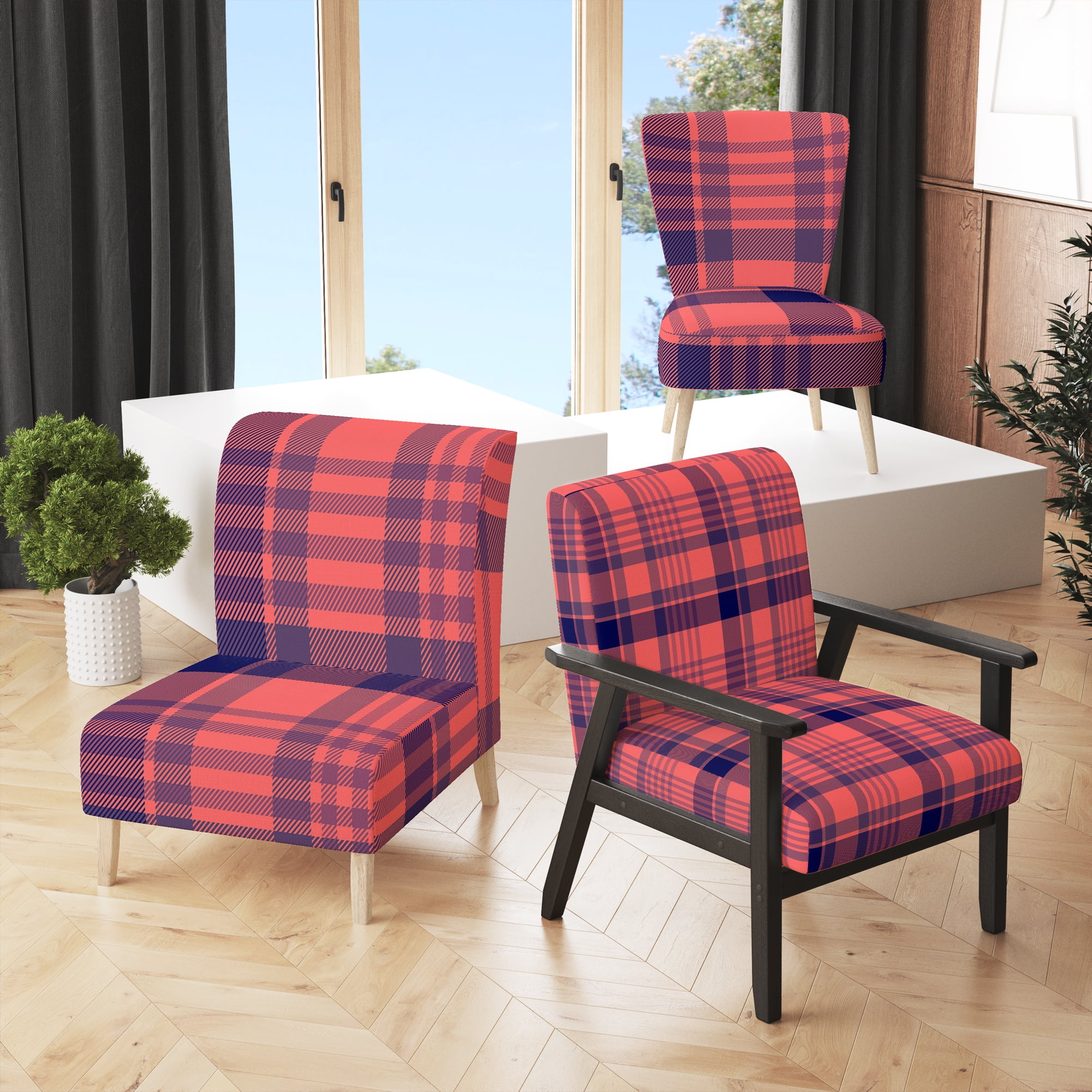 Designart "Blue Checked Tartan" Upholstered Patterned Accent Chair and ...