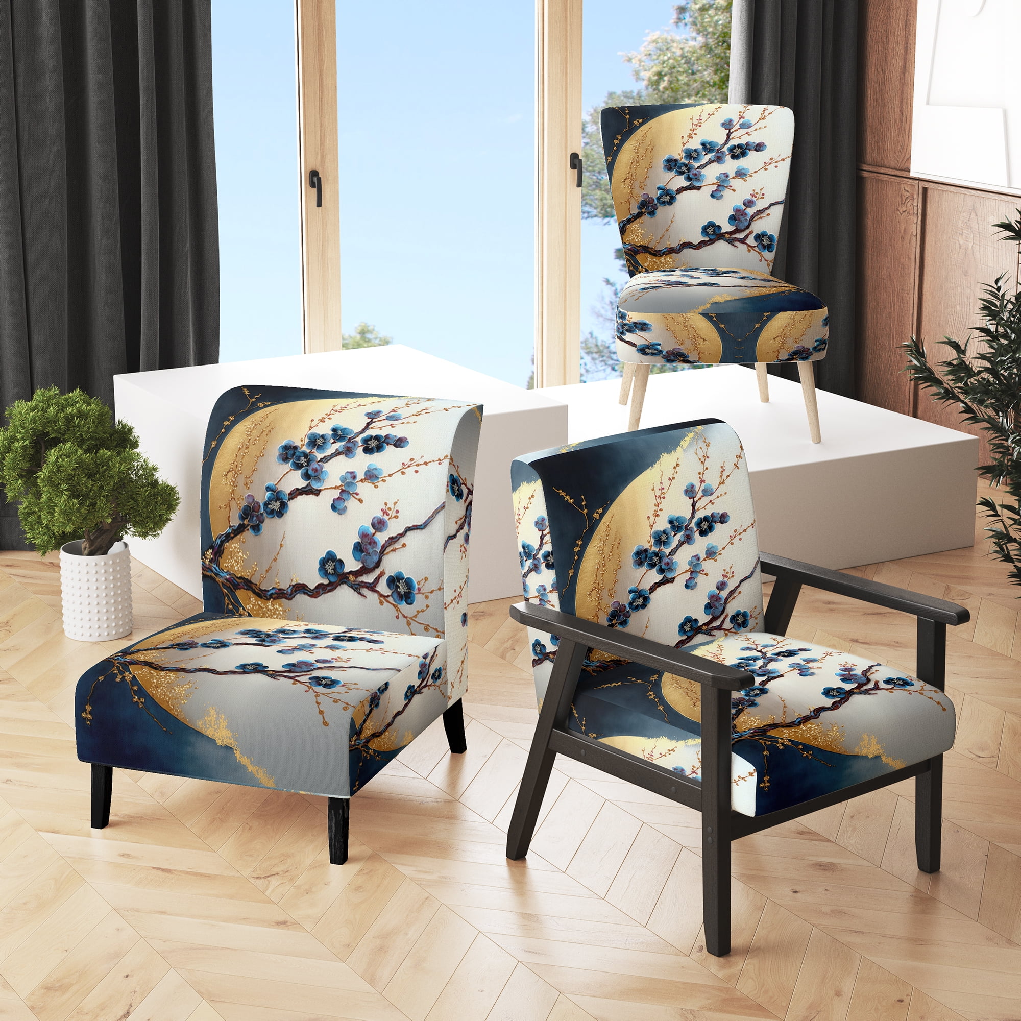 Designart "Blue Cherry Blossom Bough IV" Blue Tree Bonsai Upholstered ...