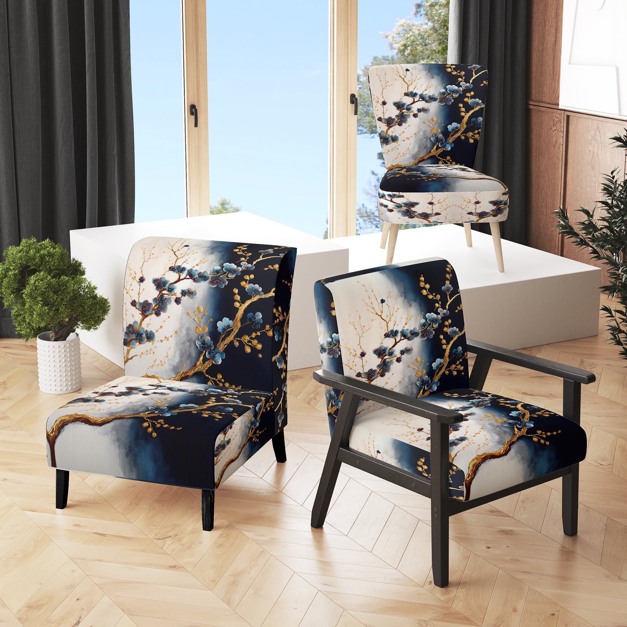 Designart "Blue Cherry Blossom Bough VI" Blue Tree Bonsai Upholstered ...