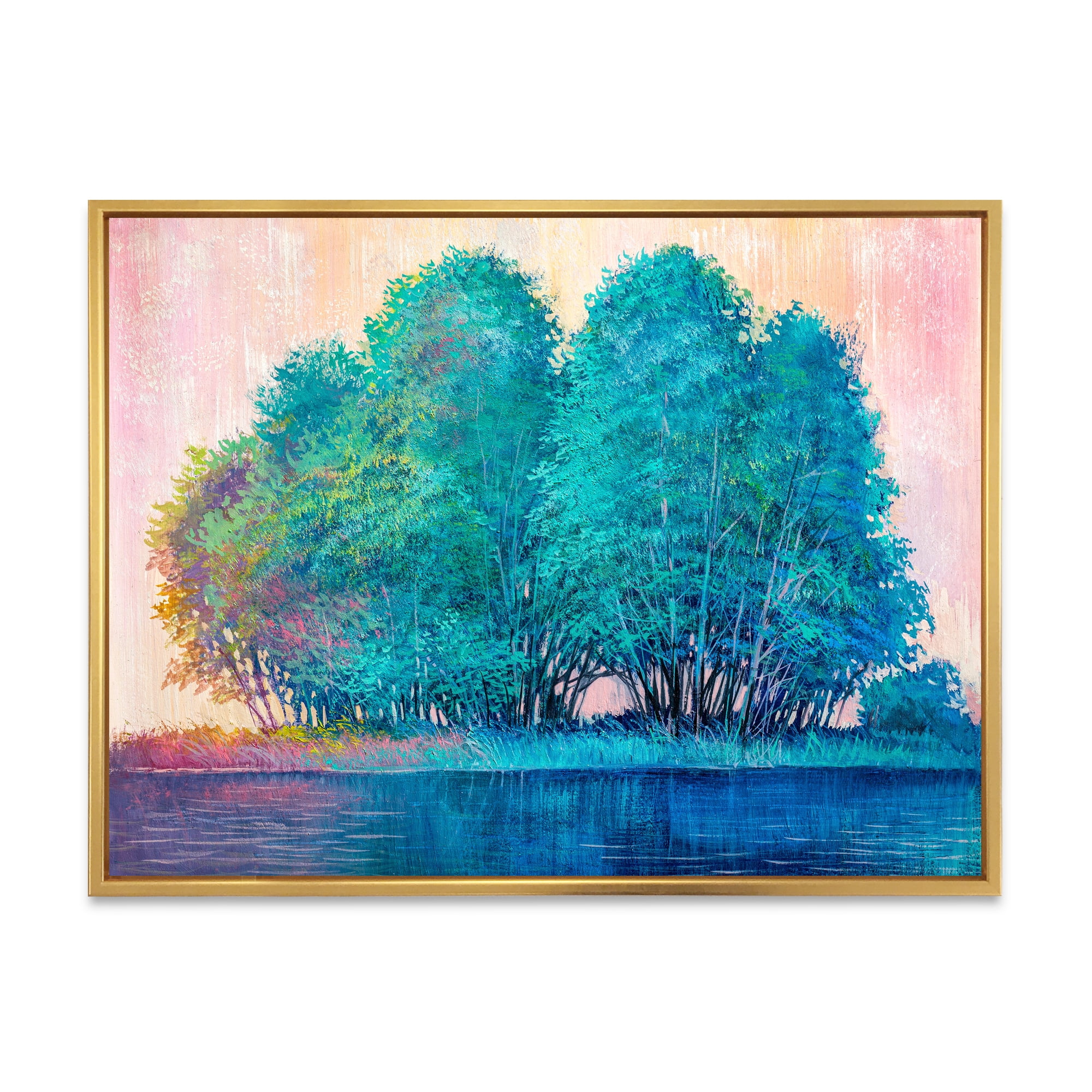 Designart 'Blue Coloured Tree Impression By Lakeside' Lake House Framed ...