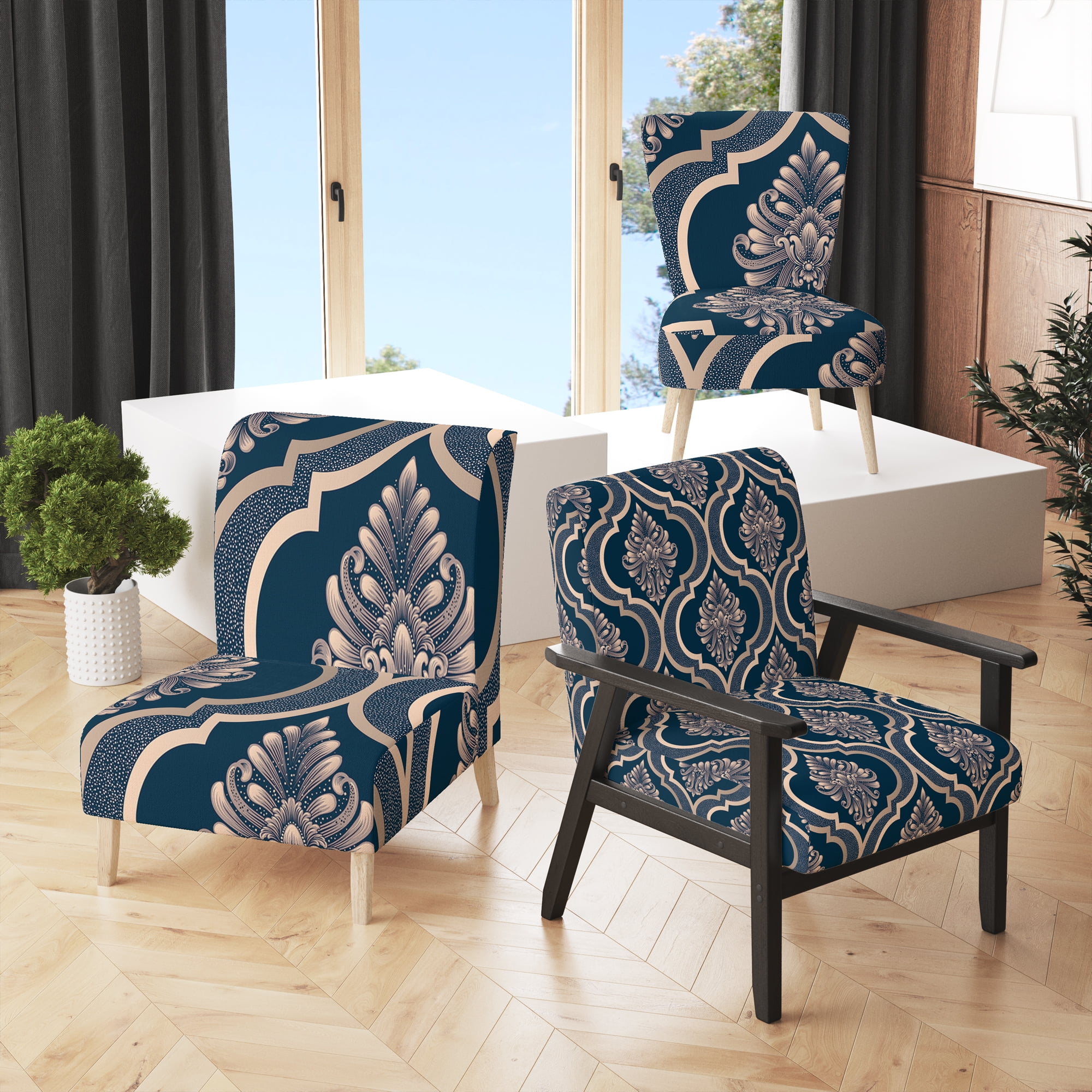 Designart "Blue Damask" Upholstered Patterned Accent Chair and Arm ...