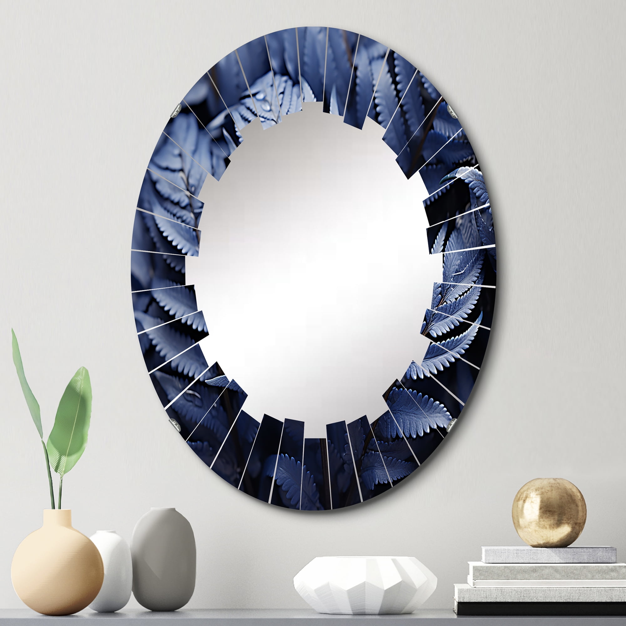 Designart "Blue Ferns Indigo Calm I" Floral Round Wall Mirror - Modern ...