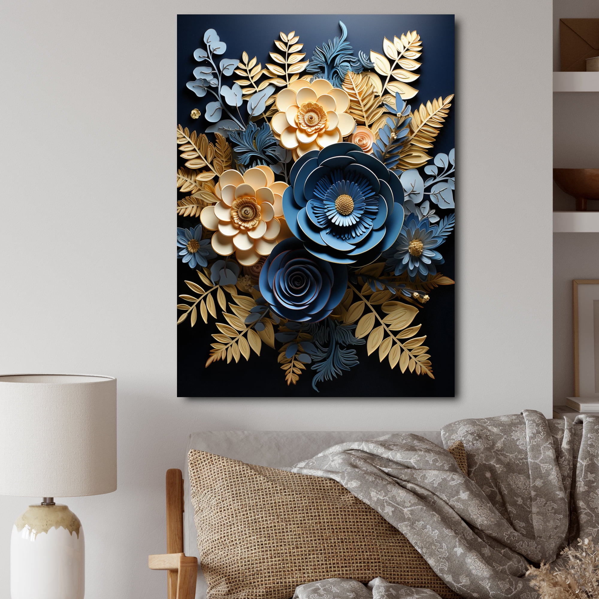 Designart "Blue Ferns Indigo Calm Papercut I" Floral & Botanical Wall ...