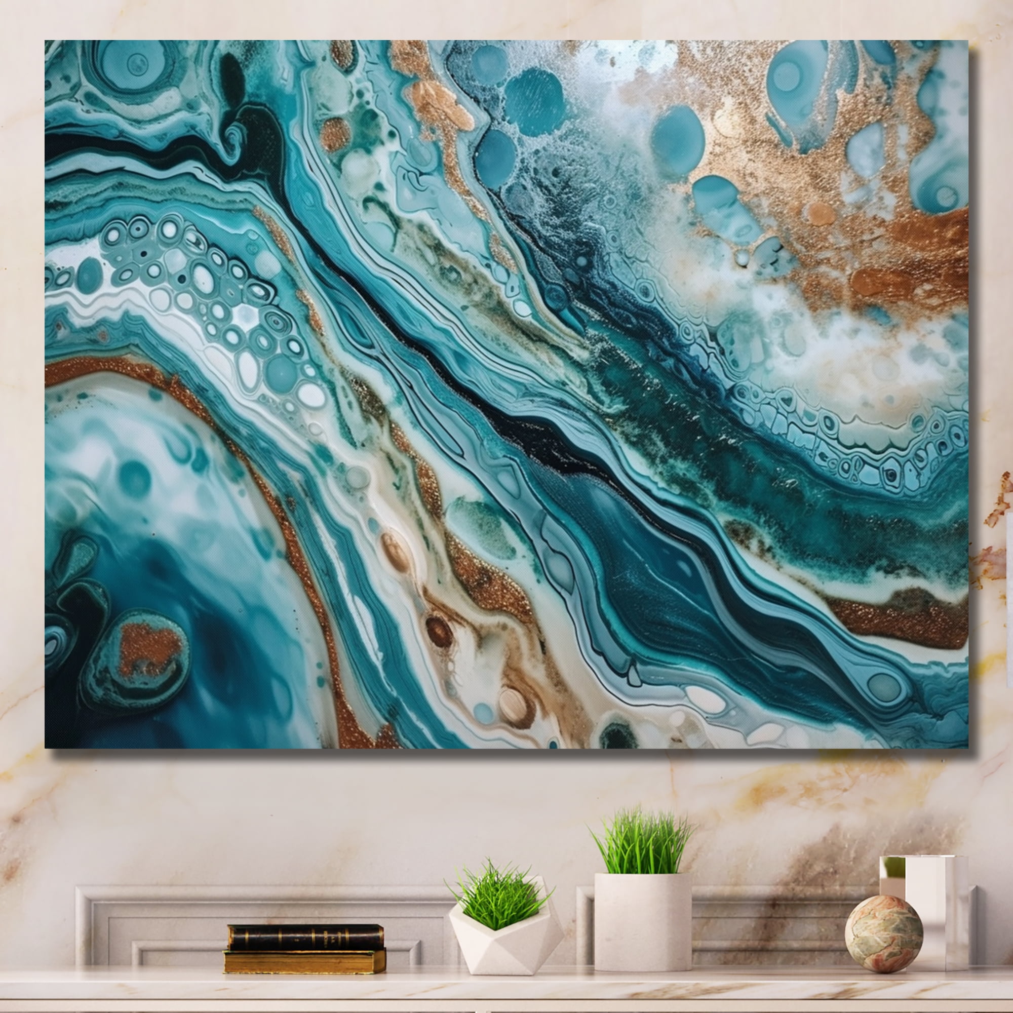 Designart "Blue Gold Half Circle Marble Abstract IV" Abstract Marble ...