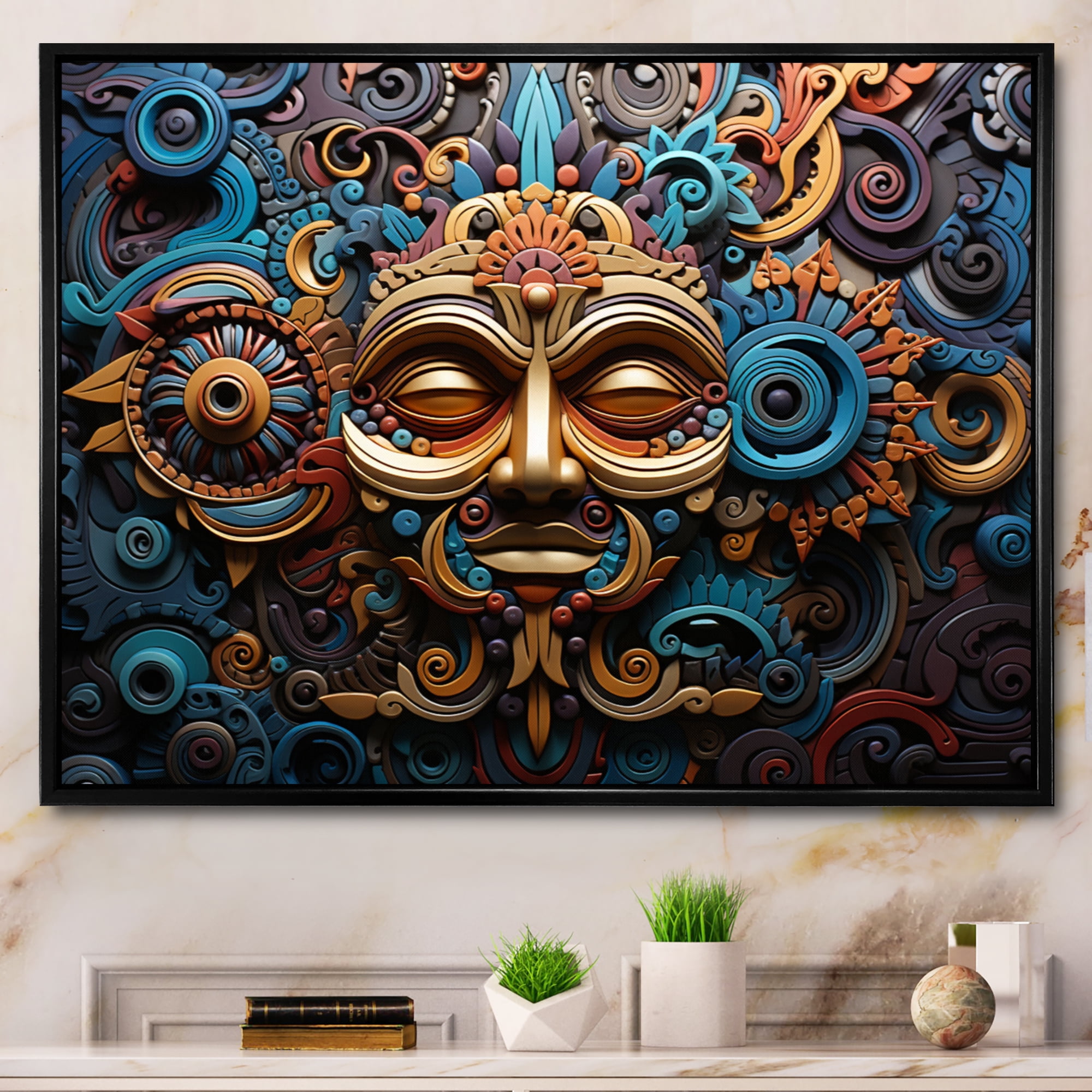 Designart "Blue Gold Mexico Vibrant Aztec Mask I" Mexico Floater Framed ...