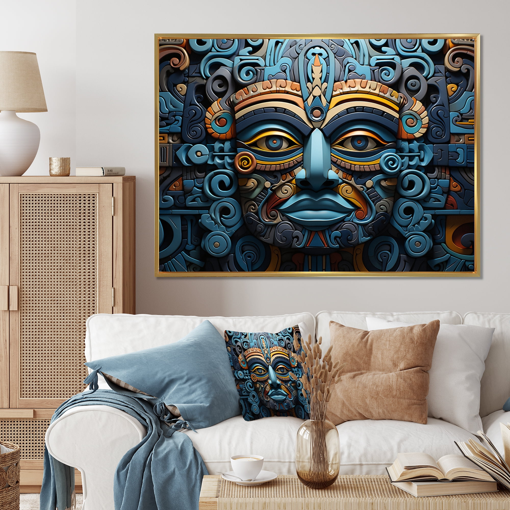 Designart "Blue Gold Mexico Vibrant Aztec Mask II" Mexico Floater Framed Wall Art Print ...