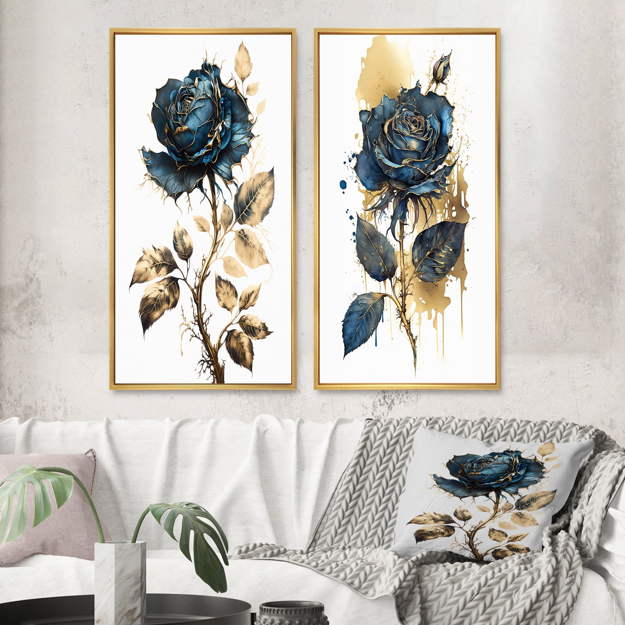Designart "Blue and Gold Painted Rose on White Background I" Floral ...