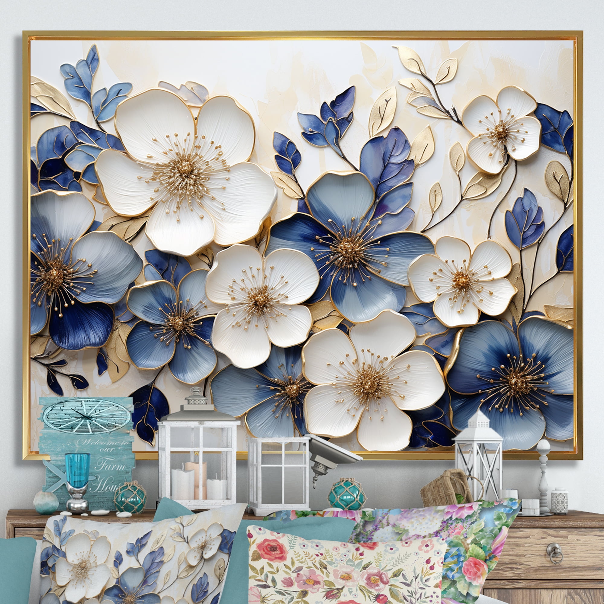 Designart "Blue-Gold Violet Minimalist Art" Violets Floater Framed Wall Decor - Walmart.com