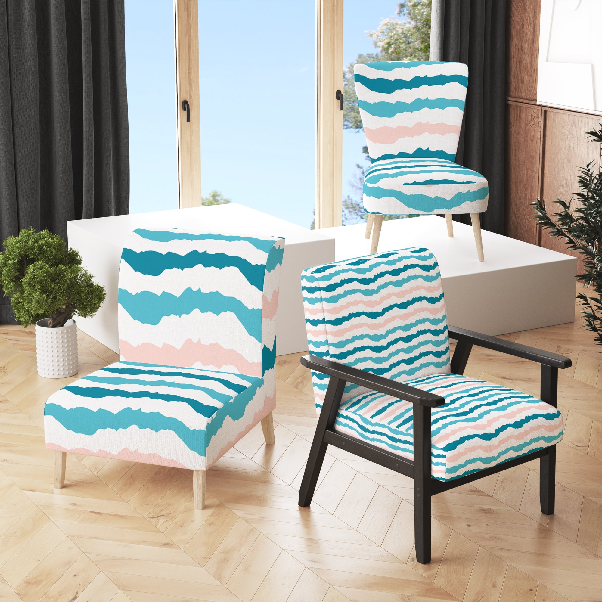 Designart "Blue Horizontal Striped" Upholstered Patterned Accent Chair ...