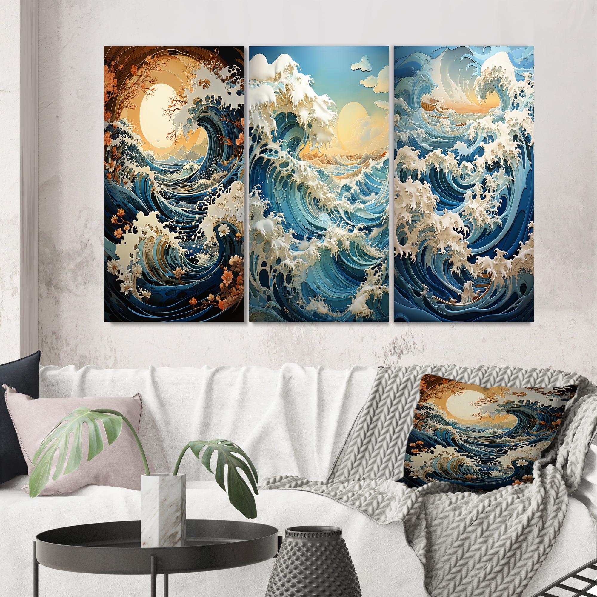 Designart "Blue Kinetic Waves I" Nautical & Beach Wall Art Set Of 3 - Teal Kinetic Art Gallery ...