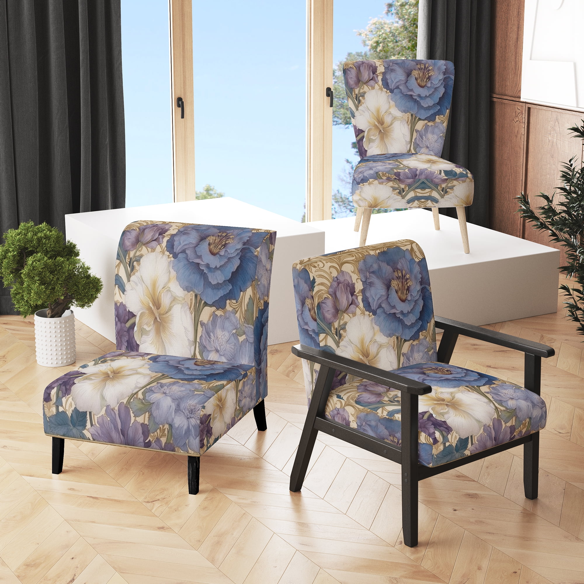 Designart "Blue Modern Floral Pattern" Upholstered Traditional Accent ...