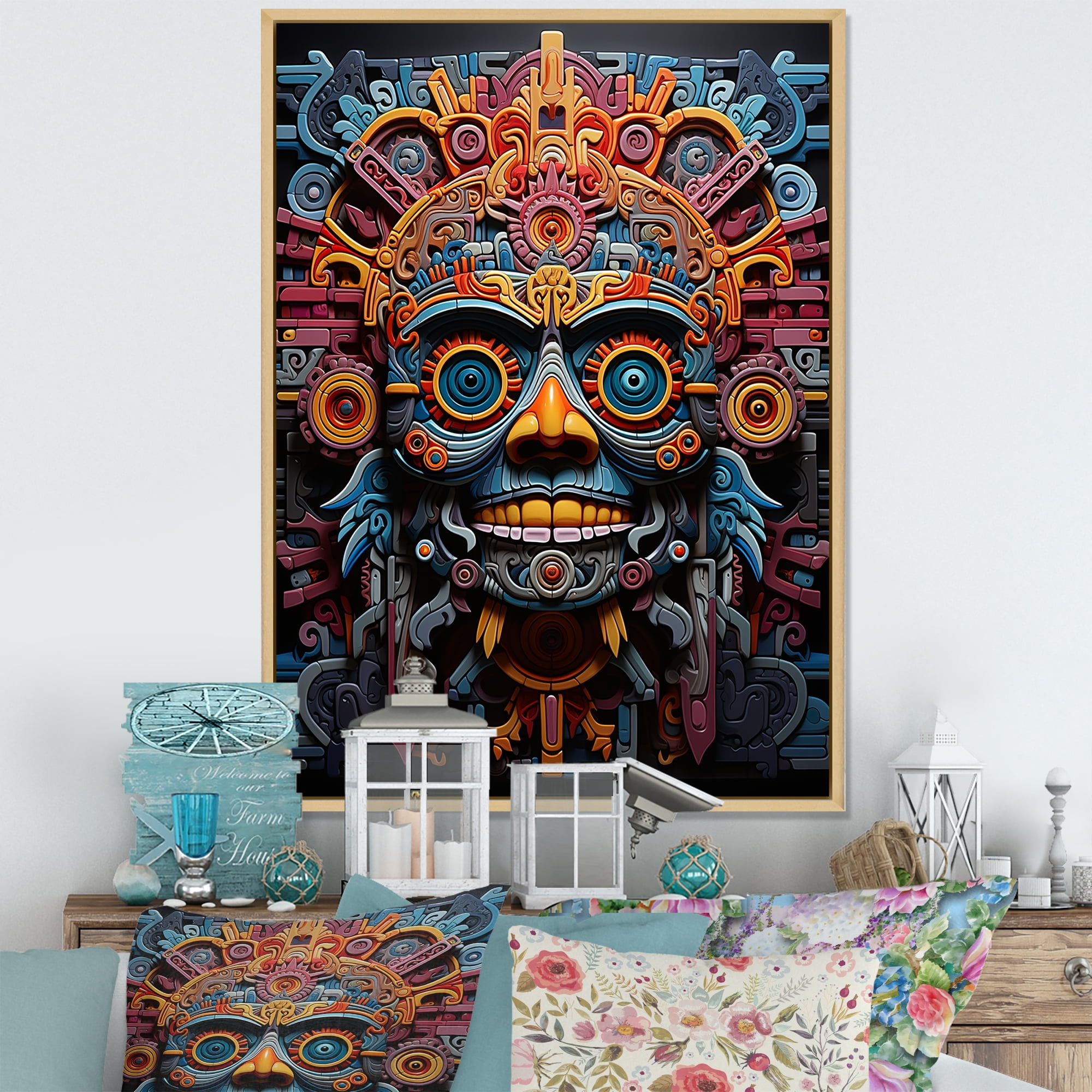 Designart "Blue Orange Mexico Vibrant Aztec Mask" Mexico Floater Framed ...