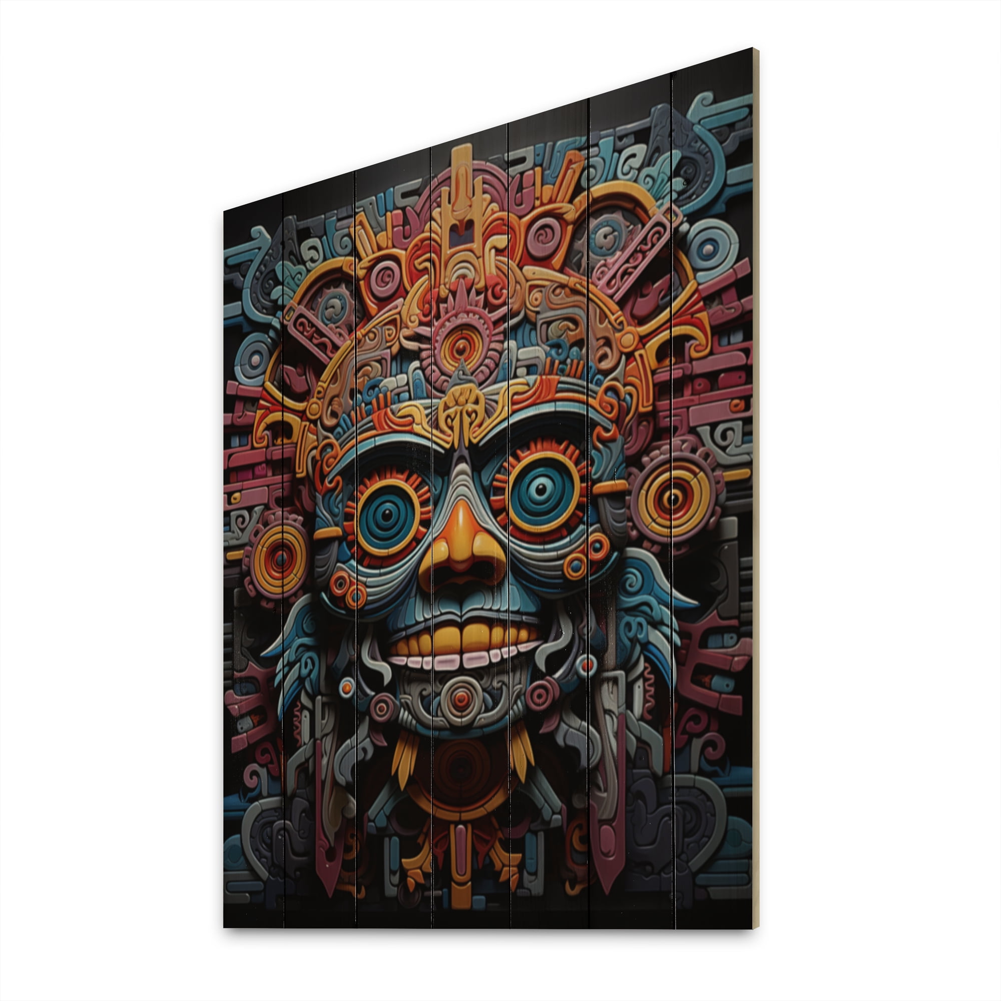 Designart "Blue Orange Mexico Vibrant Aztec Mask" Mexico Print on ...