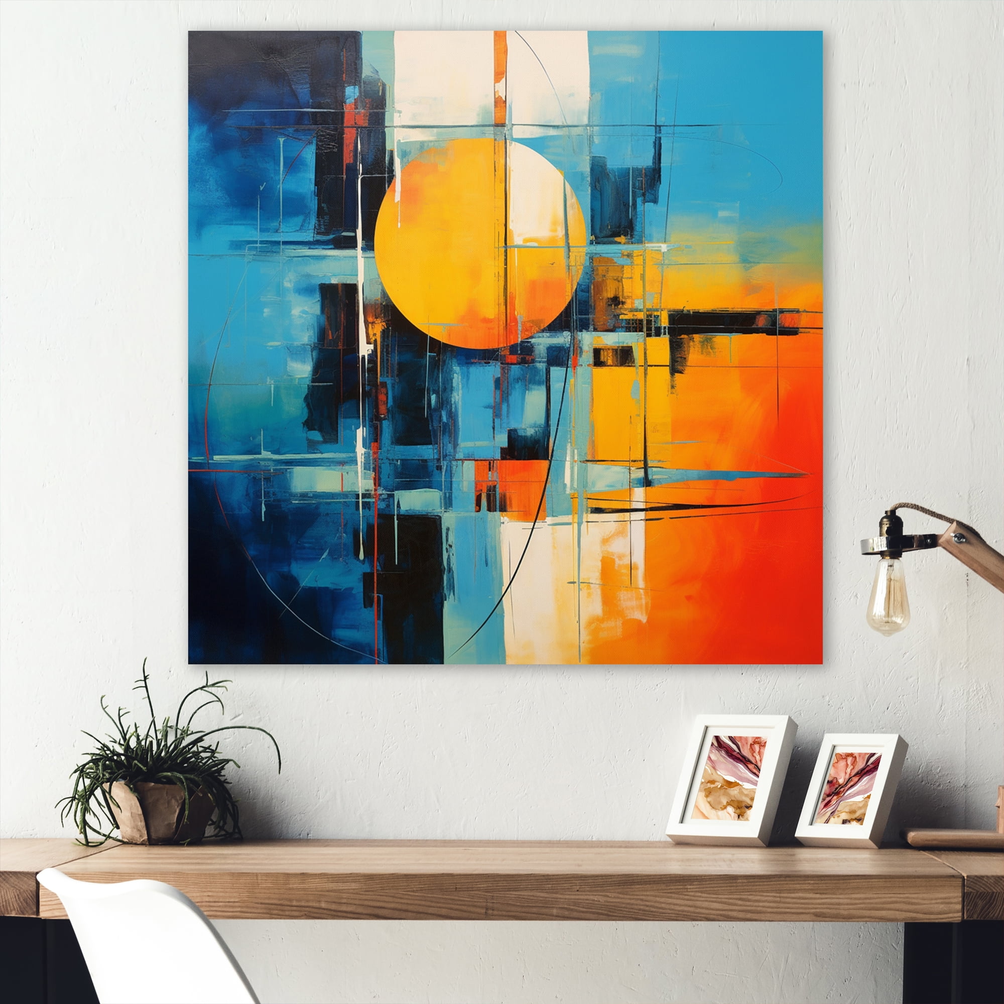 Designart "Blue Orange Mid Century modern Reflections I" Mid-century ...