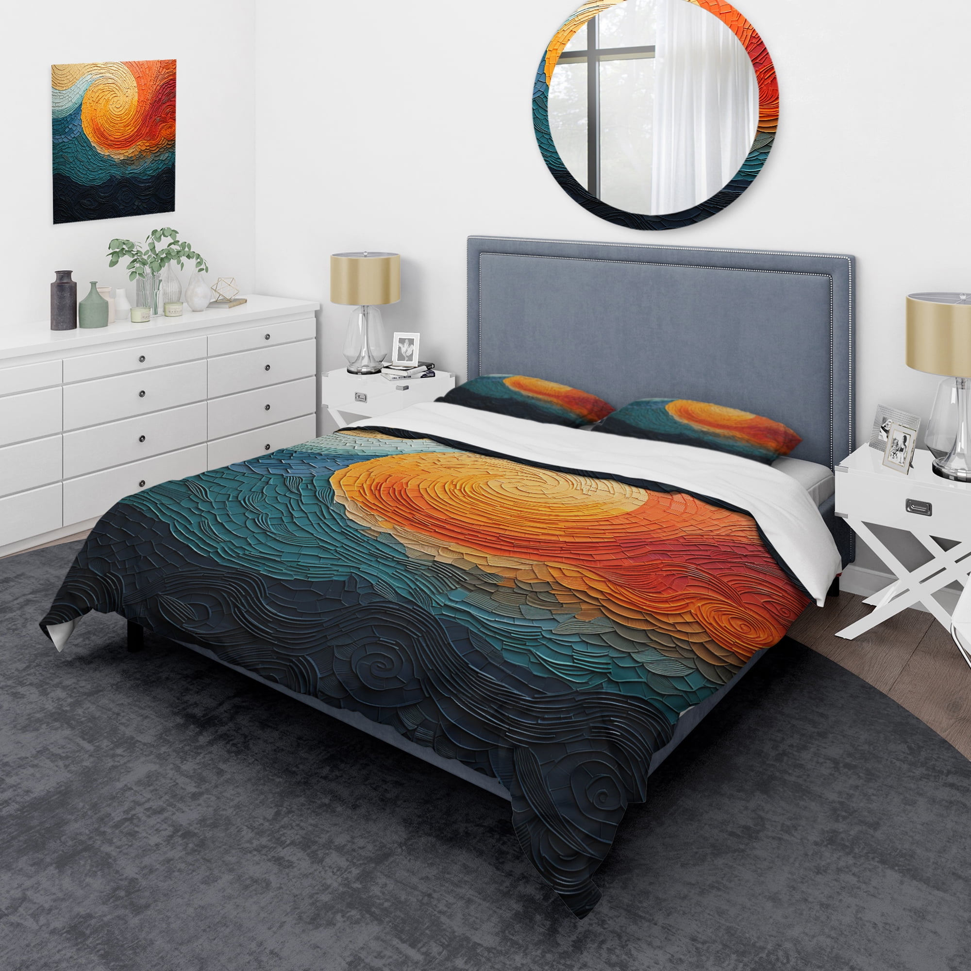 Designart "Blue Orange Op Art Rhythmic Illusion III" Abstract Bedding ...