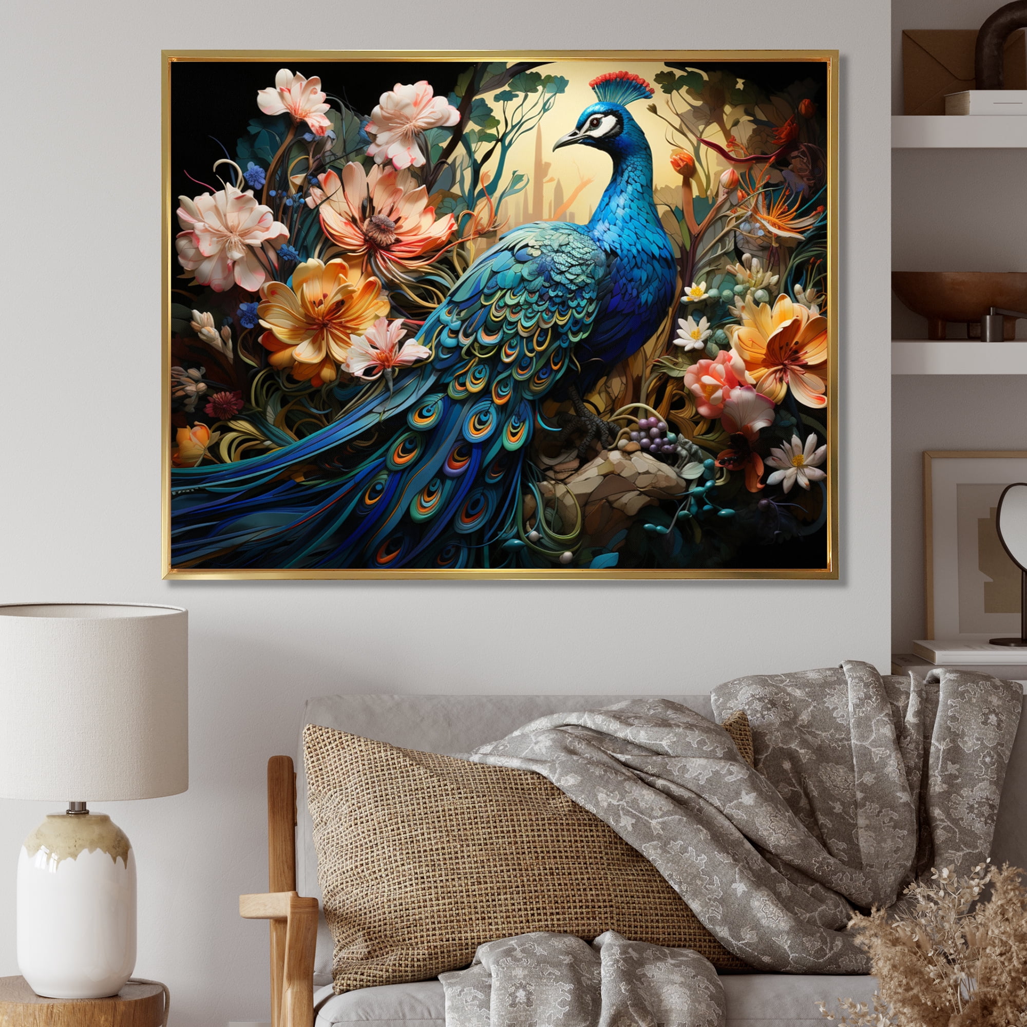 Designart "Blue Peacock Parade I" Animals Floater Framed Wall Decor ...