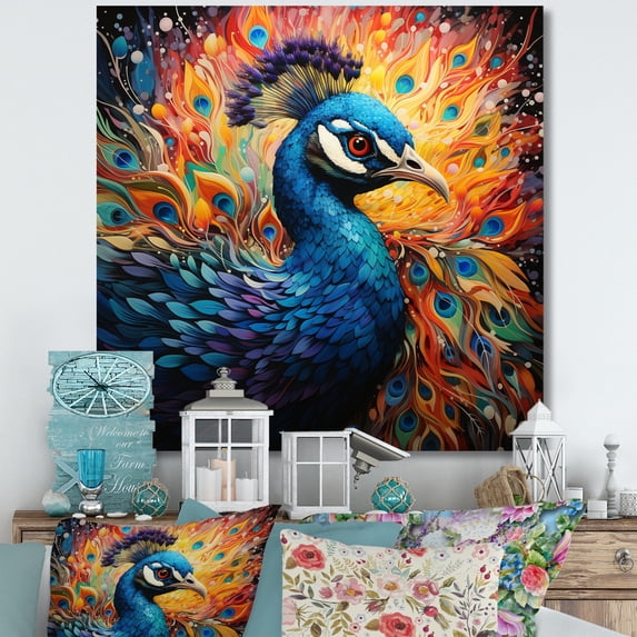 Designart "Blue Peacock Pointillist Peacock Pointillism" Animals Wall ...