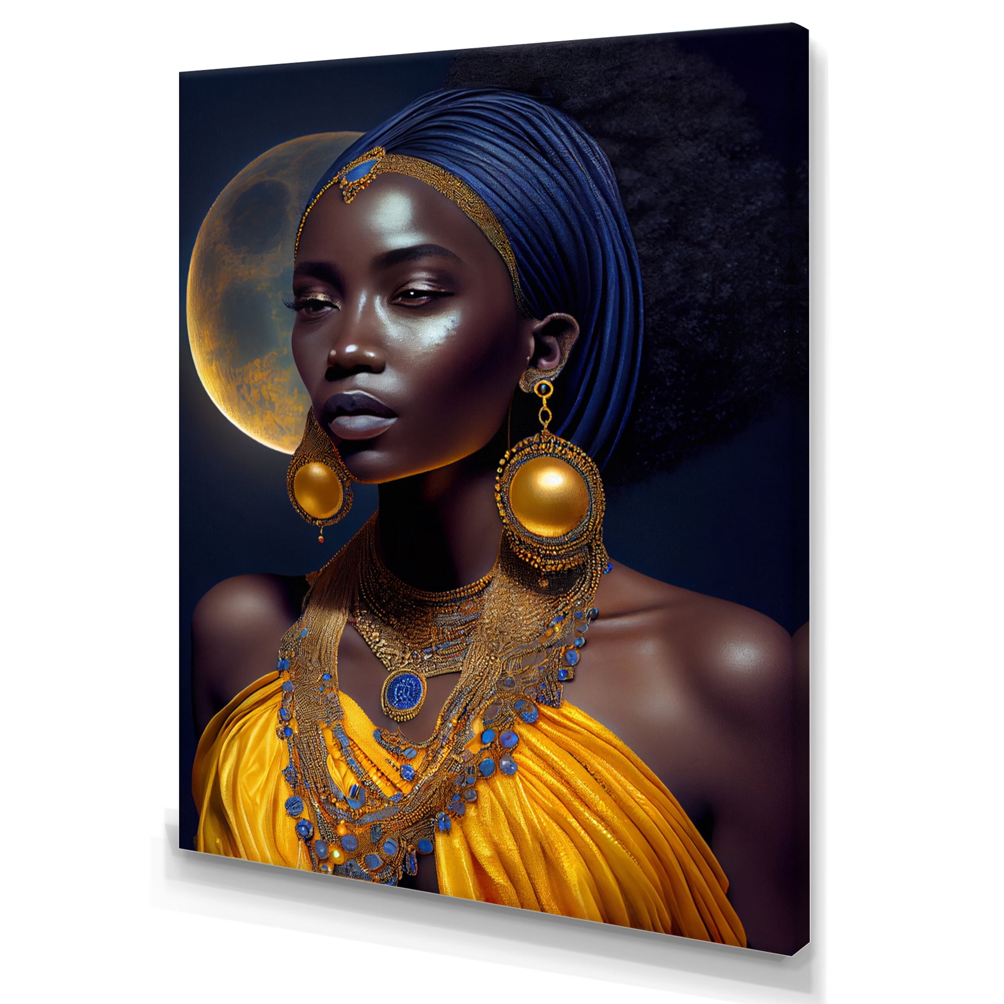 Designart Blue Queen African Woman Under Moon I Canvas Wall Art ...
