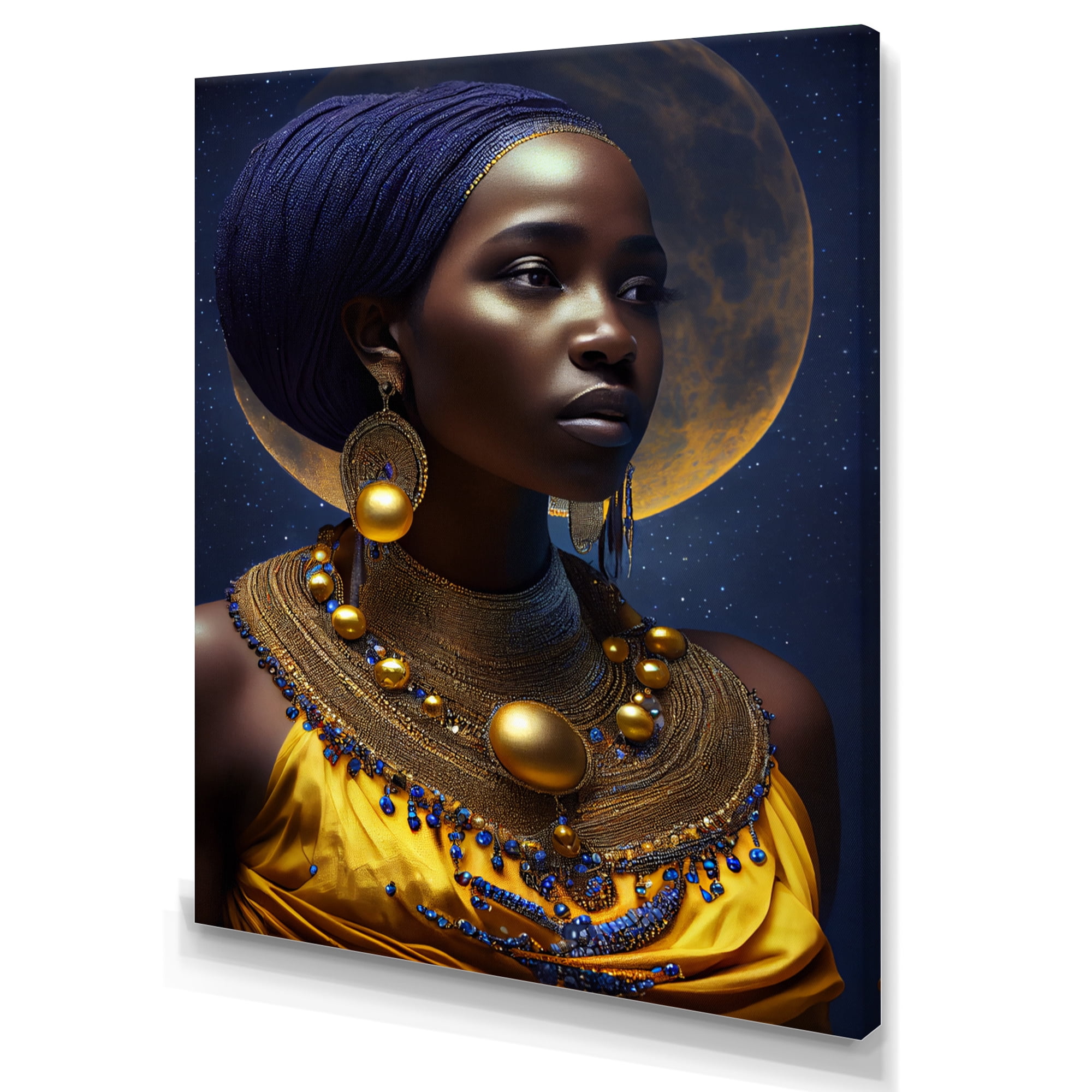Designart Blue Queen African Woman Under Moon III Canvas Wall Art ...