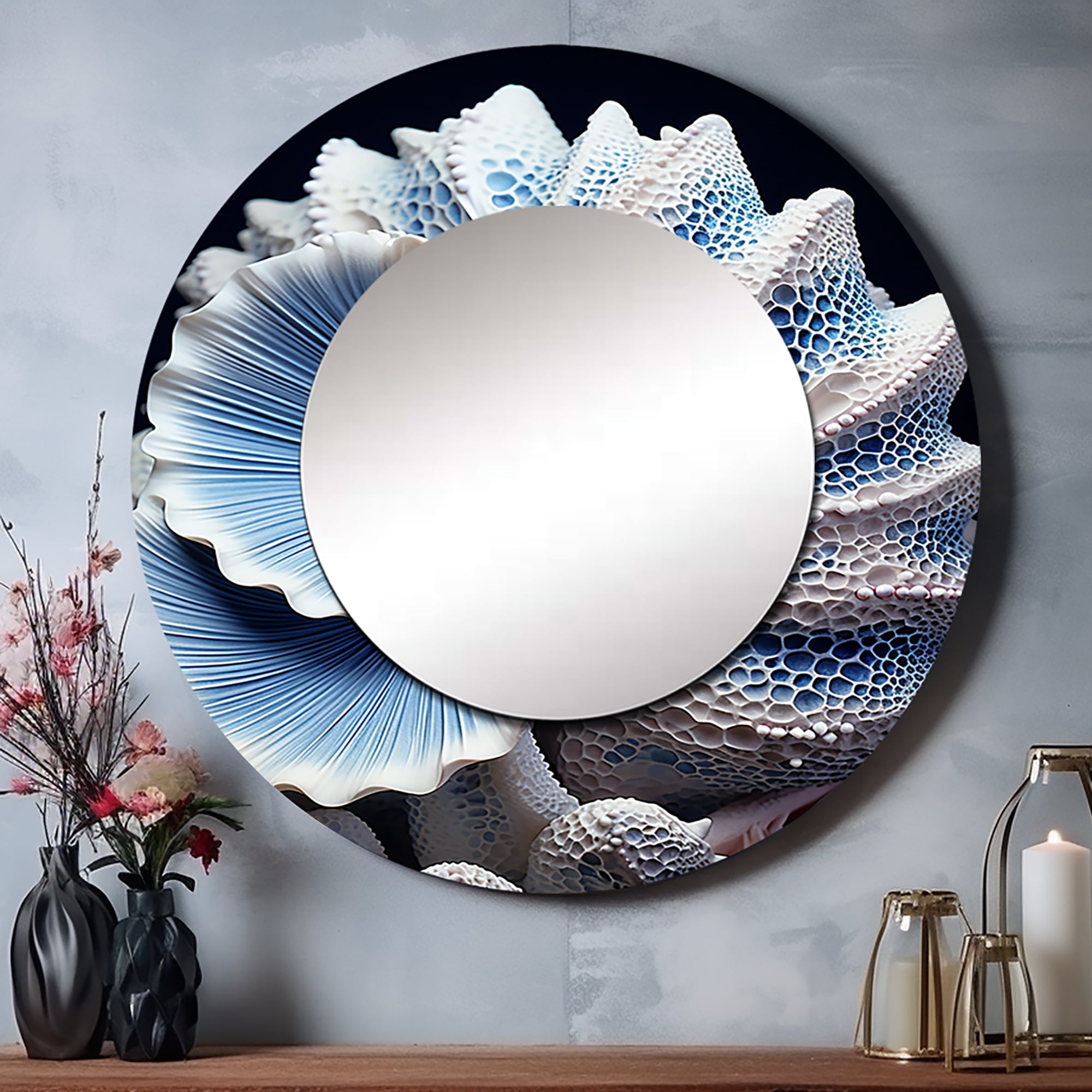 Designart "Blue Seashell Euphony" Animals Rund Mirror For Wall Decor ...