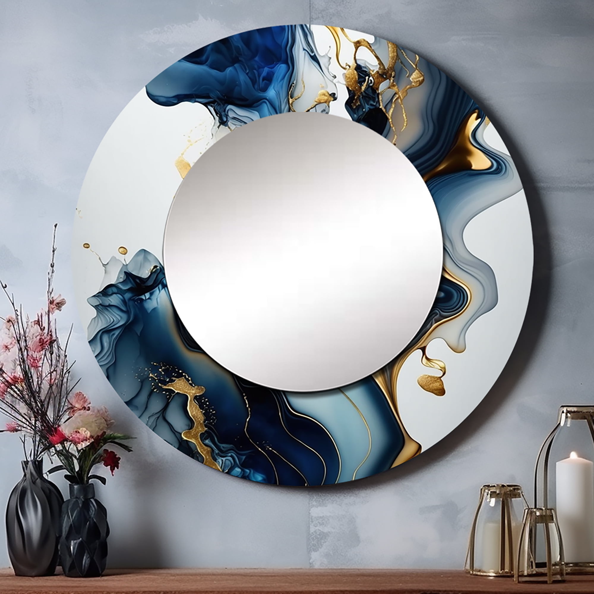 Designart "Blue Tones in Geode Marble I" Marble Abstract Rund Mirror ...
