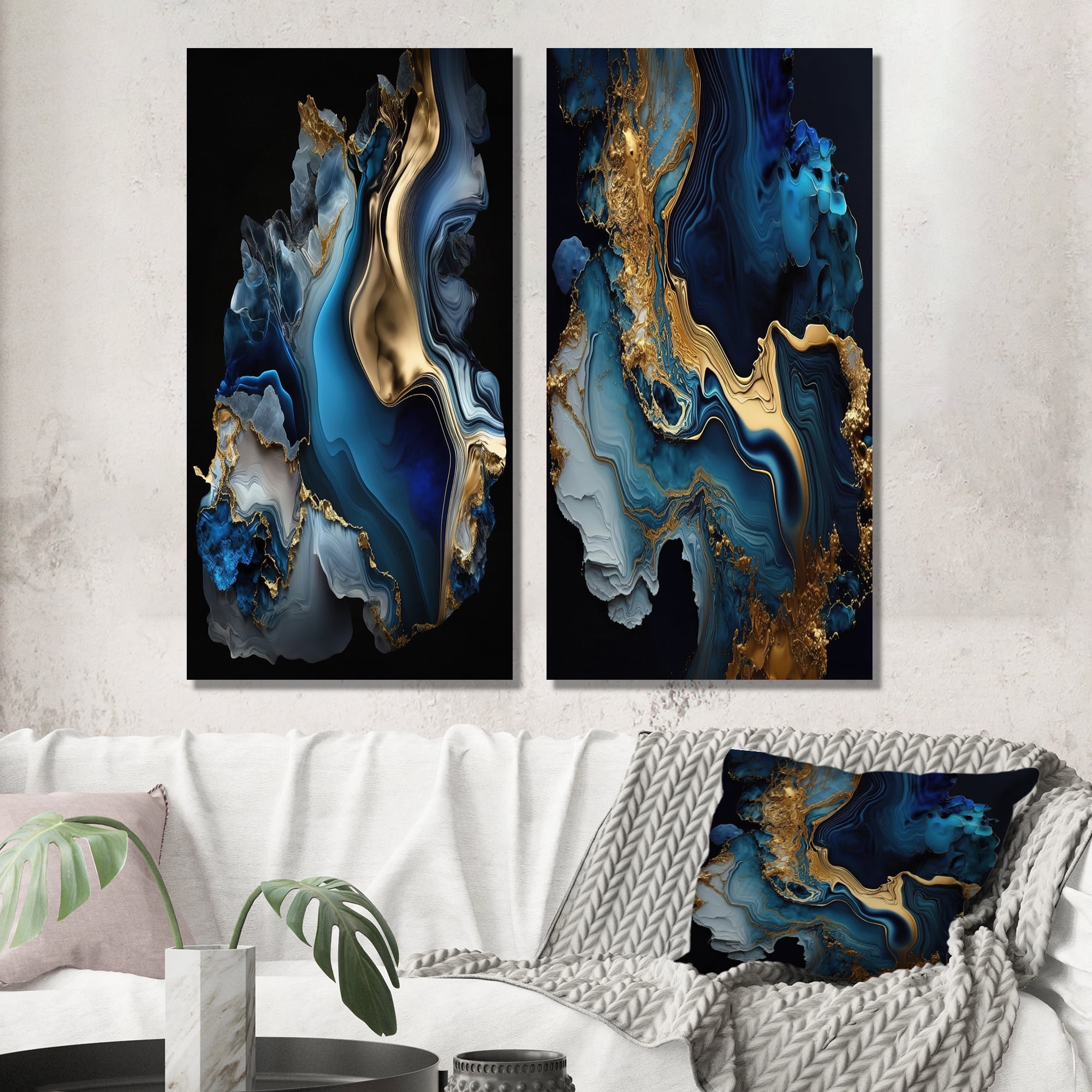 Designart "Blue Tones in Geode Marble II" Abstract Marble Wall Art Set ...