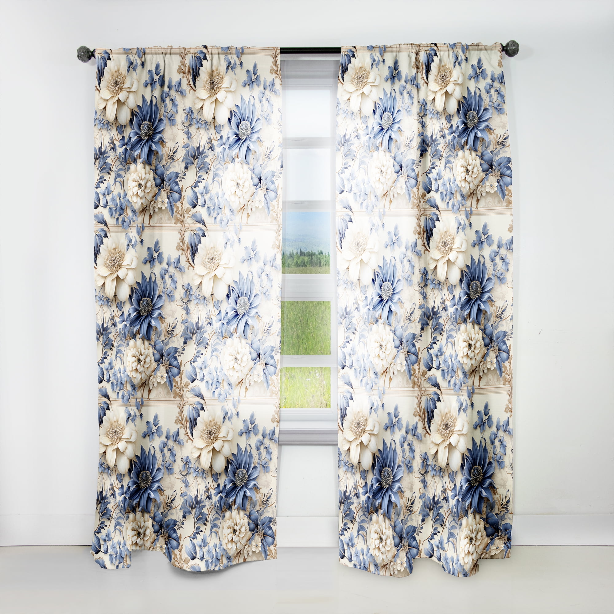 Designart "Blue Victorian Floral Damask II" Damask Bohemian Curtain ...