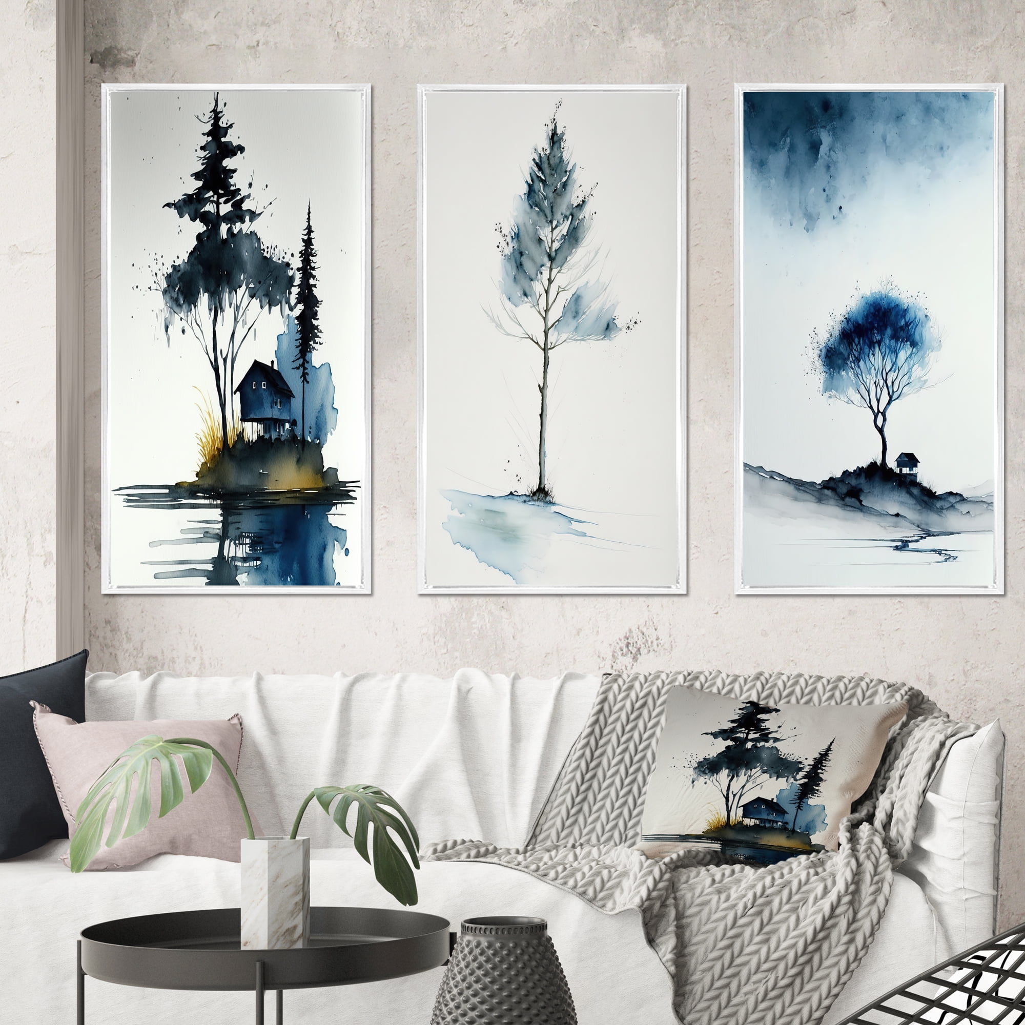 Designart "Blue Watercolor Tree by Rural Cottage II" Landscape Forest ...