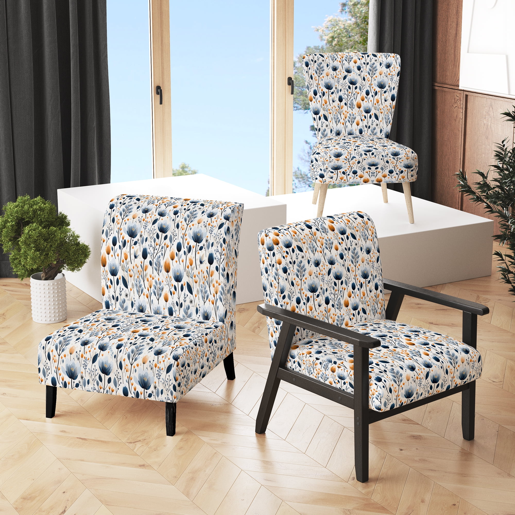 Designart "Blue White Cottage Floral Elegance" Blue Floral Upholstered Accent Chair - Cottage ...