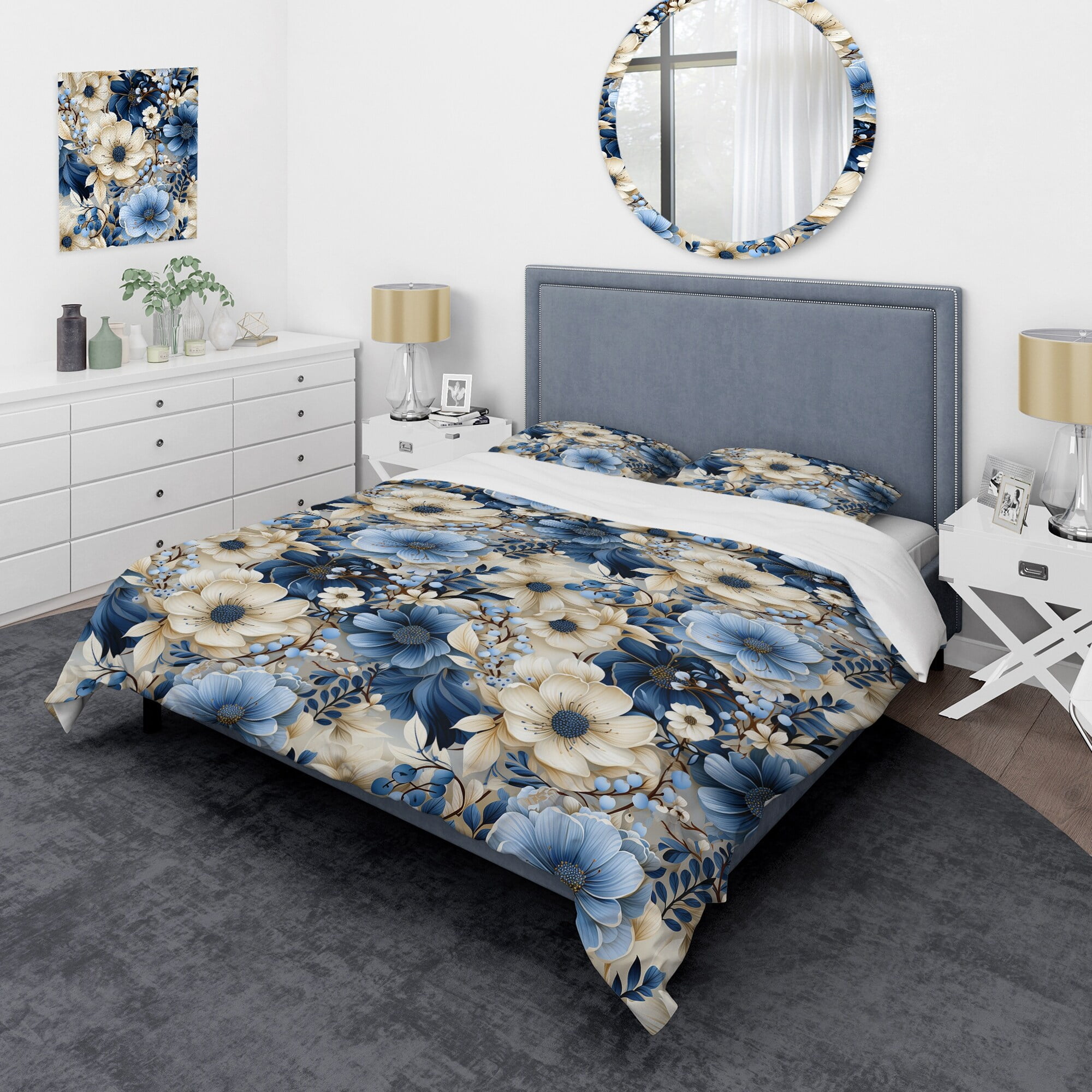 Designart "Blue White Ranunculus Charm II" Floral Bedding Covert Set - Cottage Bed Set With 1 ...