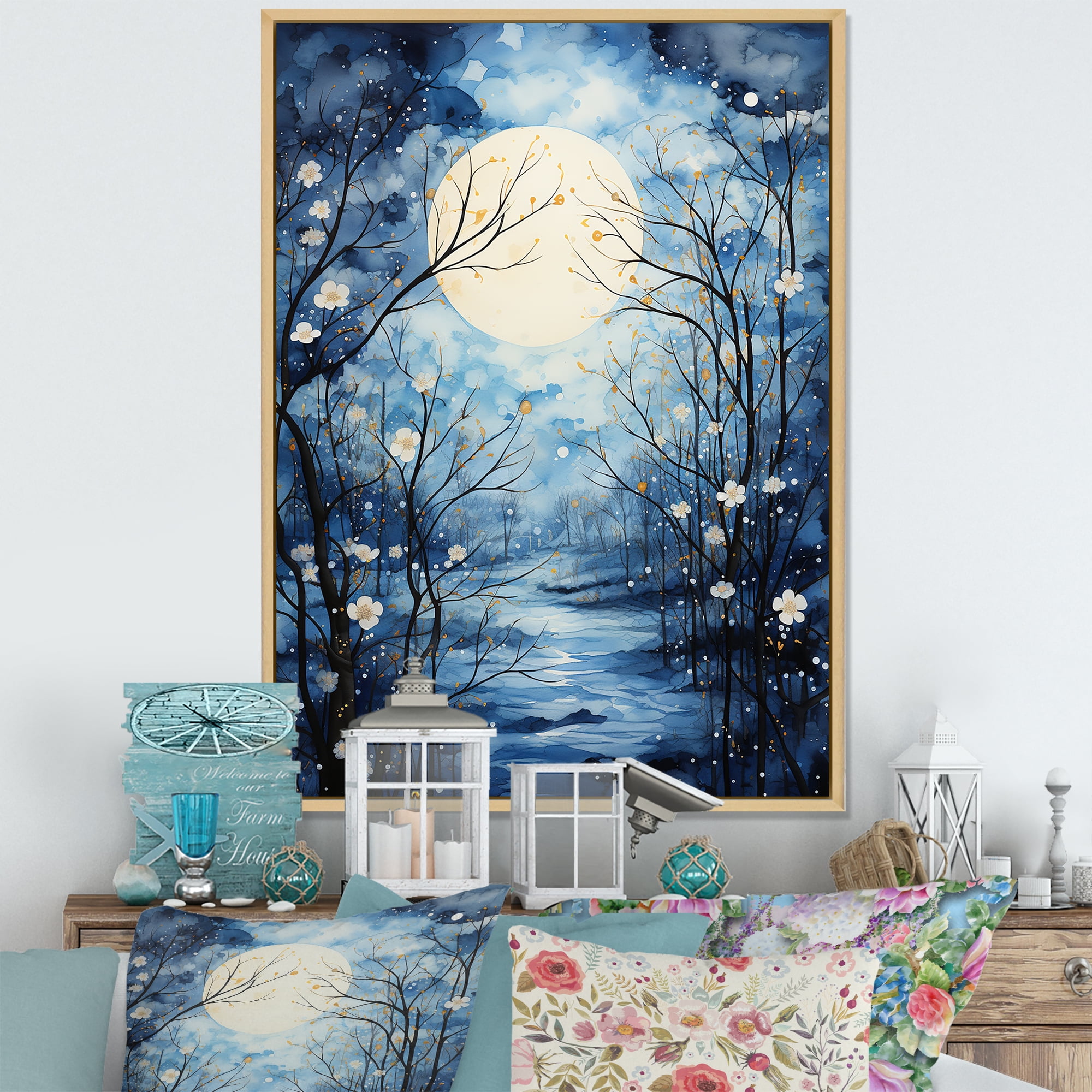 Designart "Blue White Tree Moonlit form I" Landscape Trees Floater ...