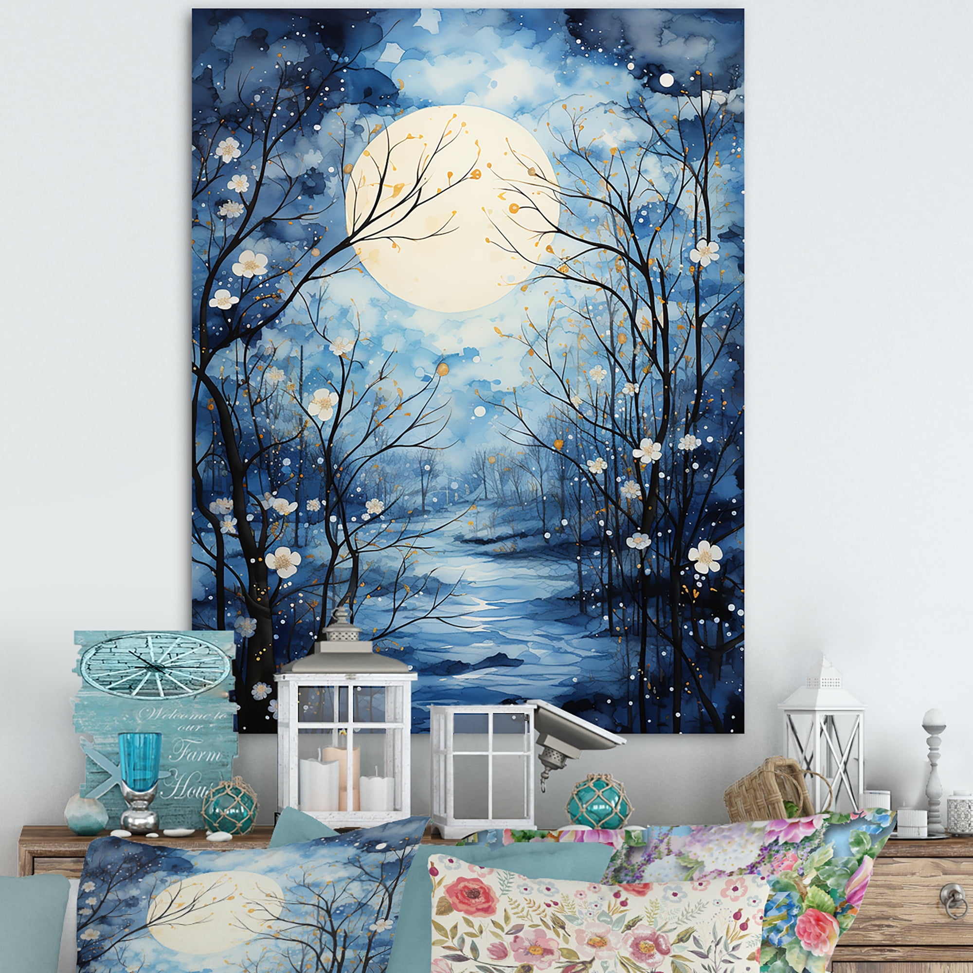 Designart "Blue White Tree Moonlit form I" Landscape Trees Wall Art ...