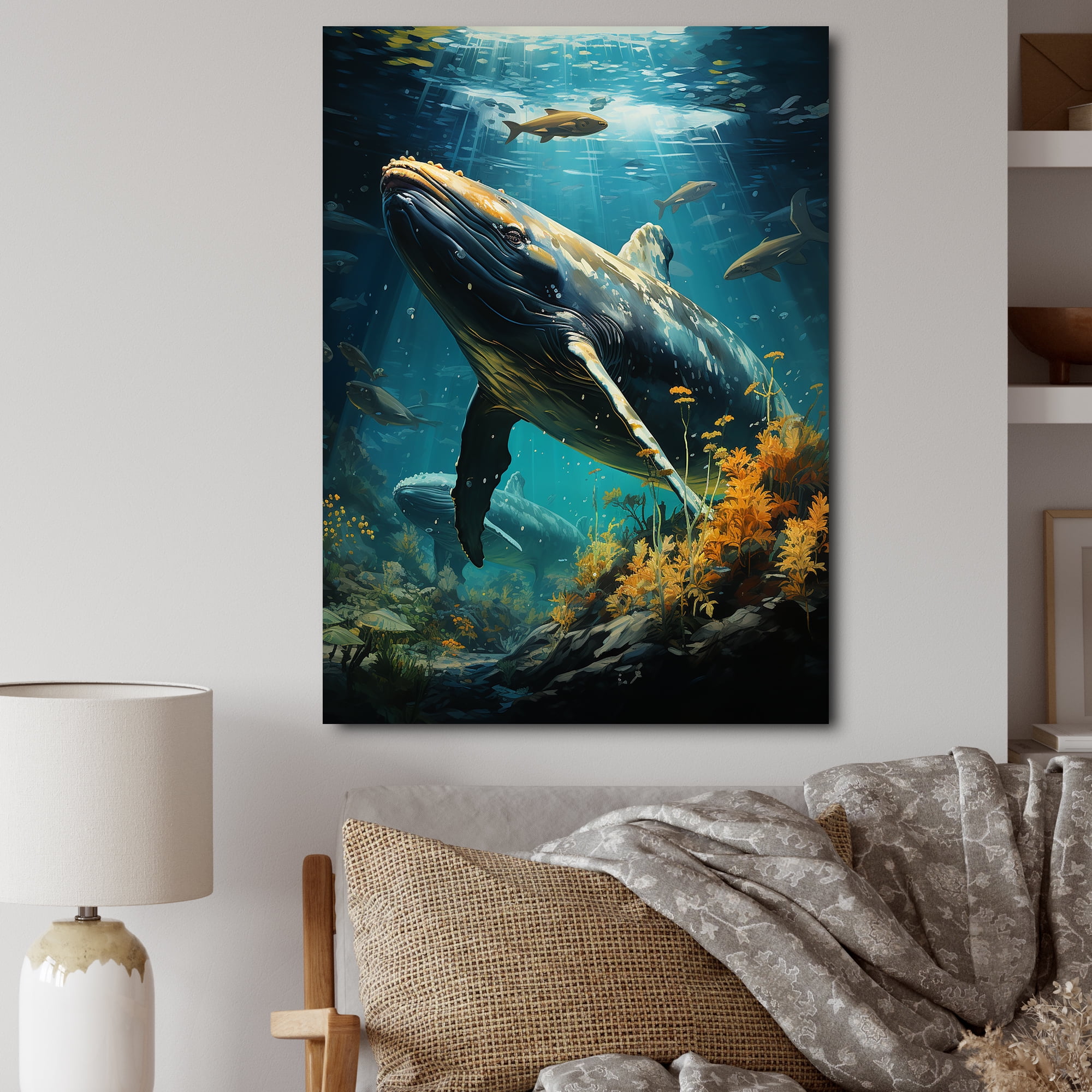 Designart "Blue Yellow Marine Animals Graceful Giants" Animals Wall ...