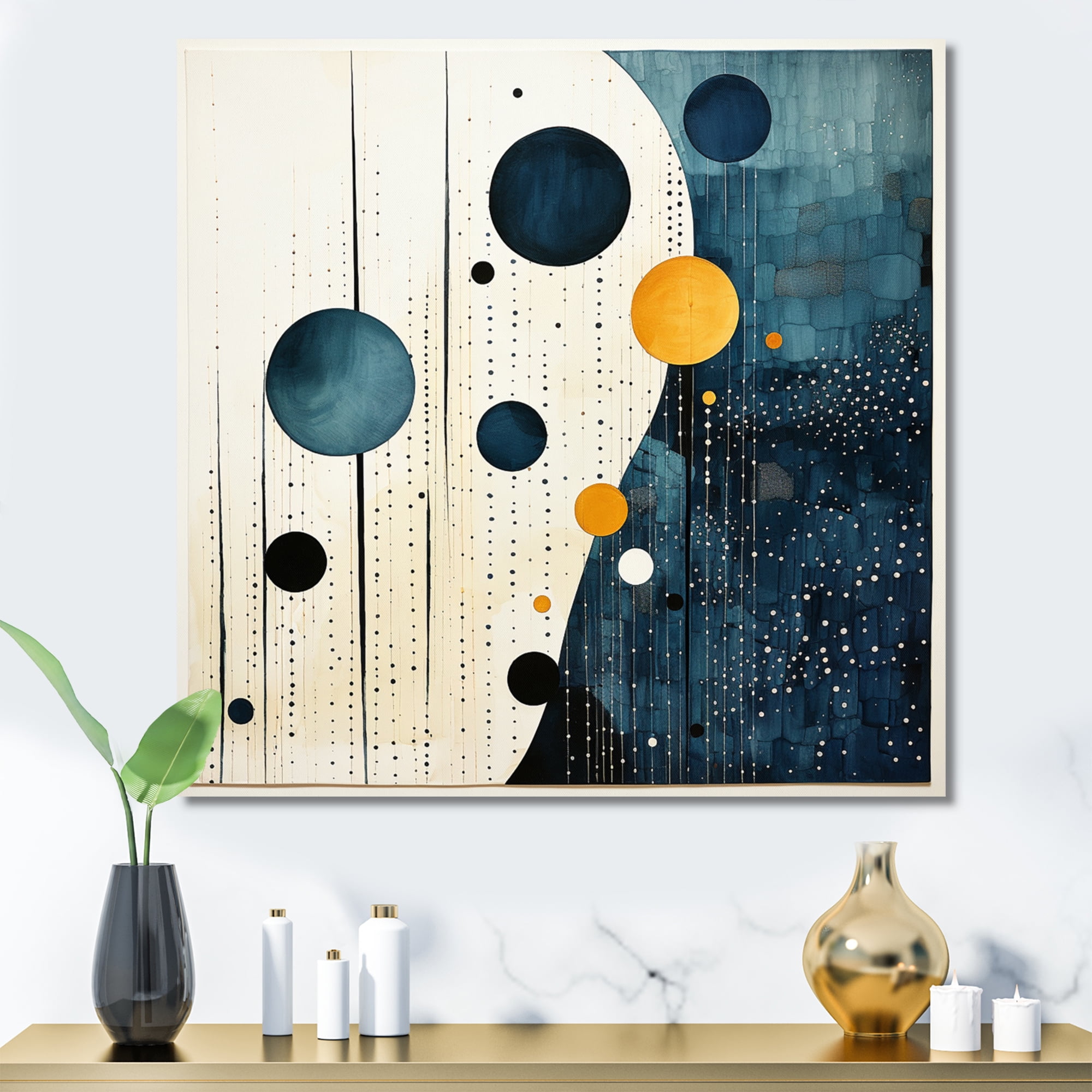 Designart "Blue Yellow Mid Century Minimalist Rain I" Abstract Collages ...