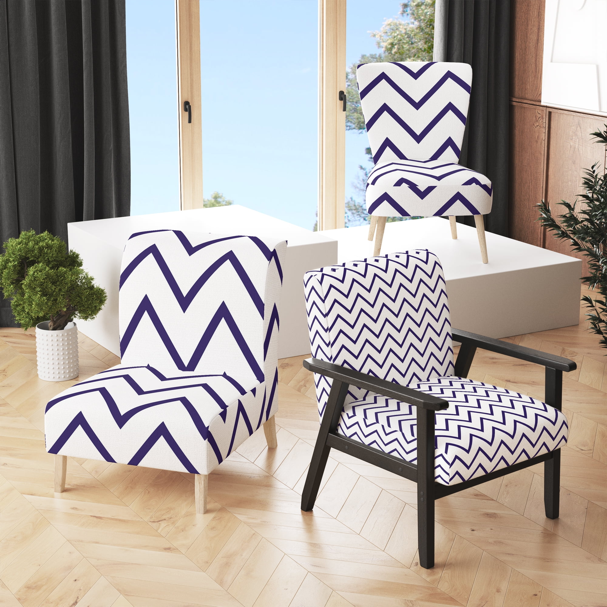 Designart "Blue Zigzag Chevron " Upholstered Patterned Accent Chair and ...