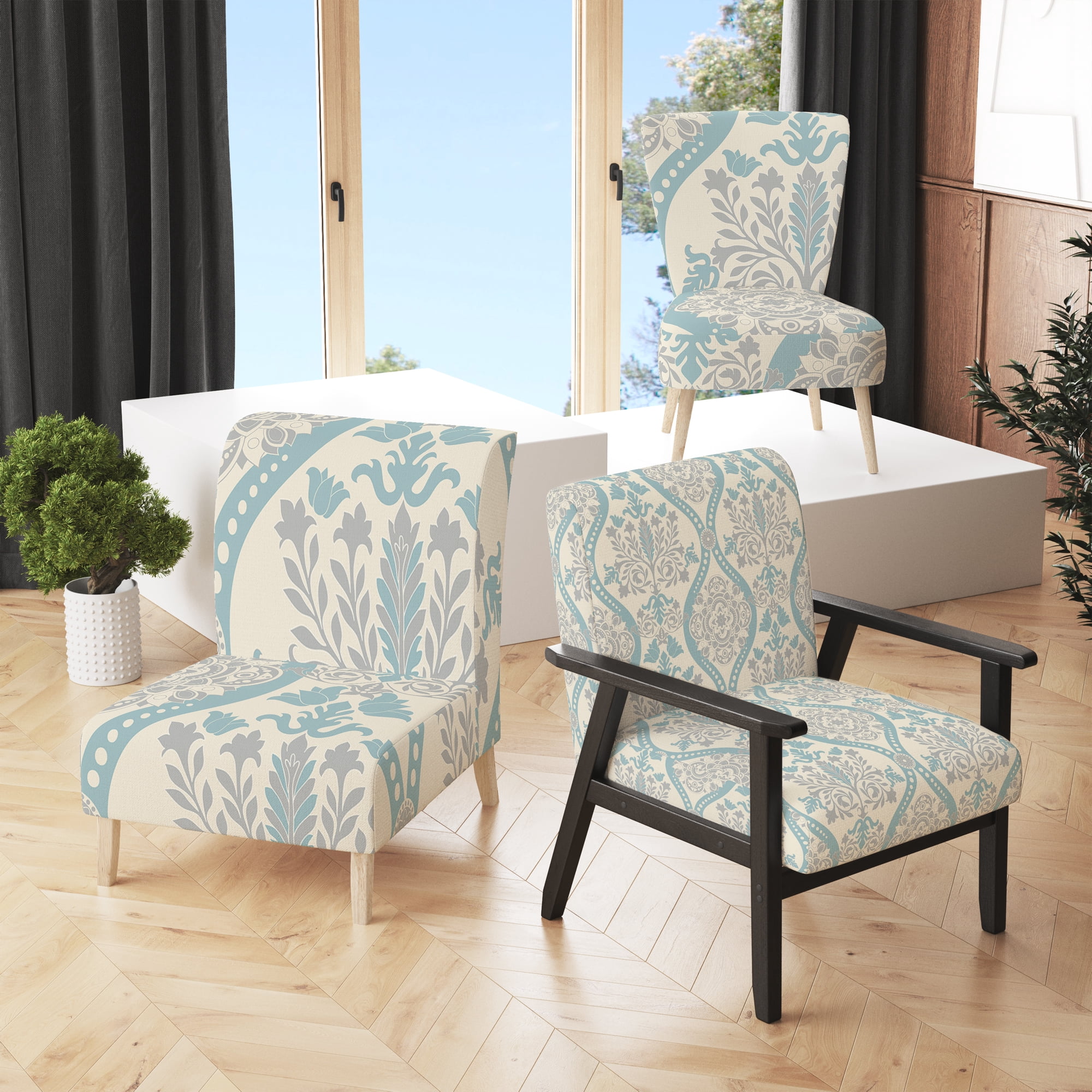 Designart "Blue and Cream Damask" Upholstered Patterned Accent Chair ...