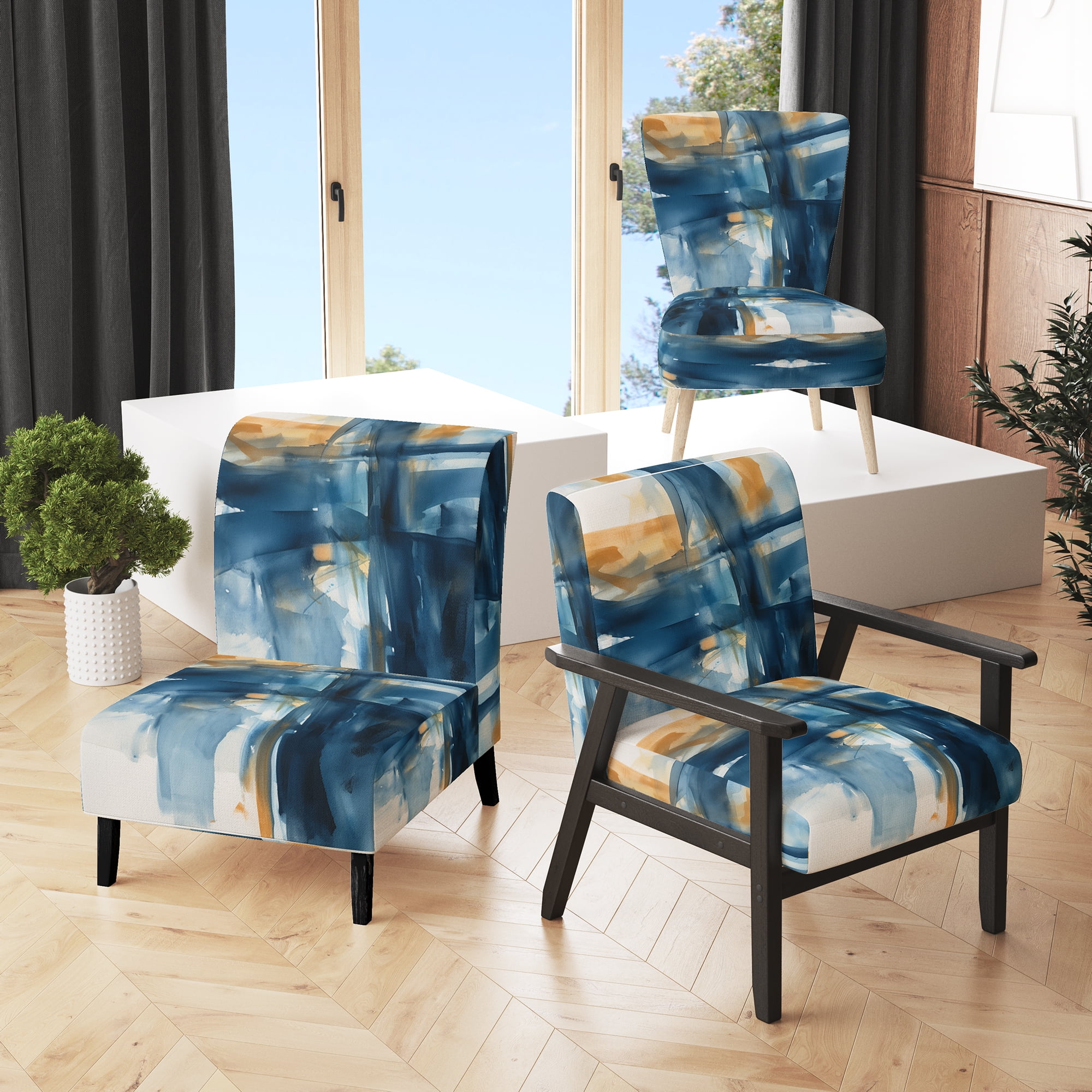Designart "Blue and Gold Fusion VIII" Upholstered Fractals Accent Chair ...
