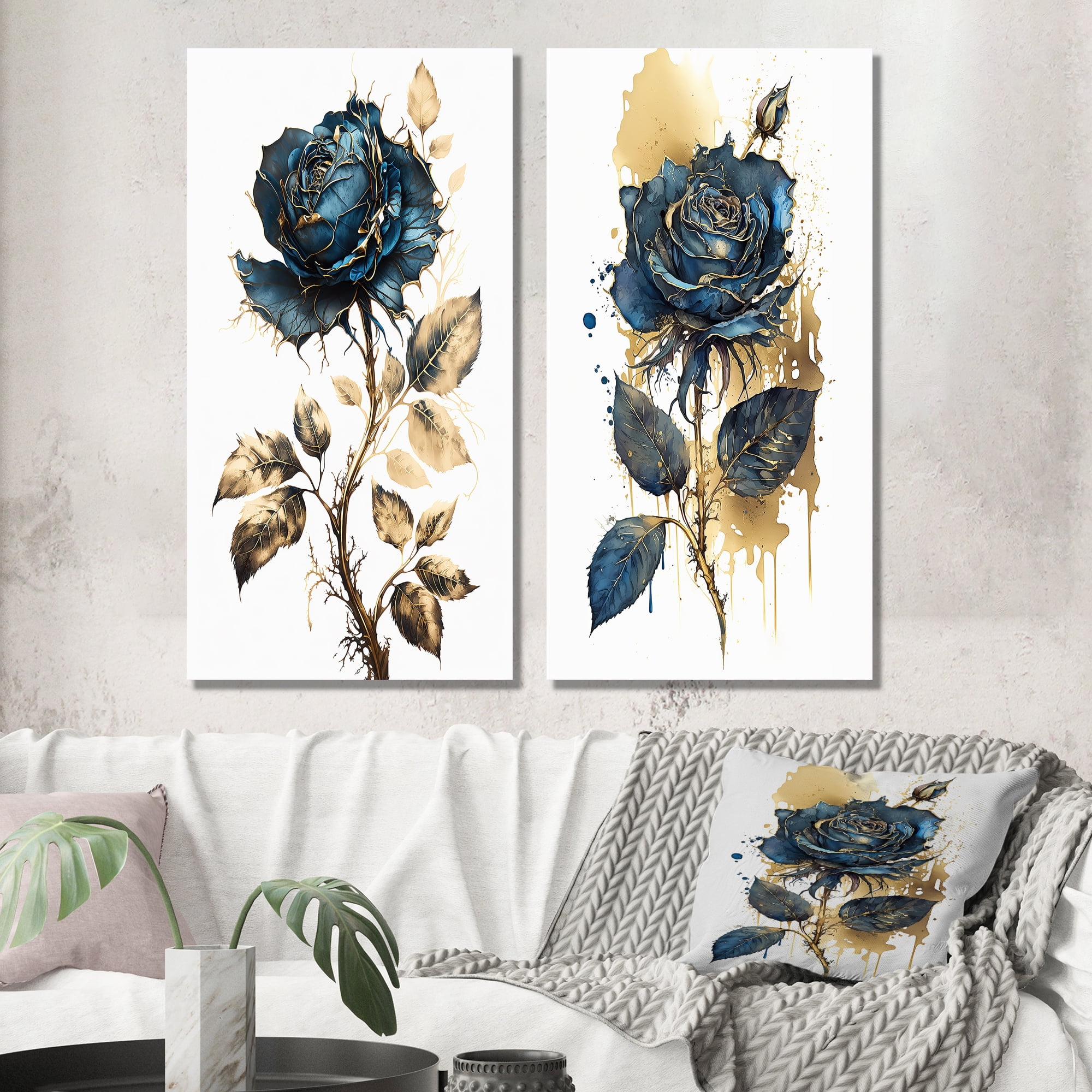 Designart "Blue and Gold Painted Rose on White Background I" Floral ...