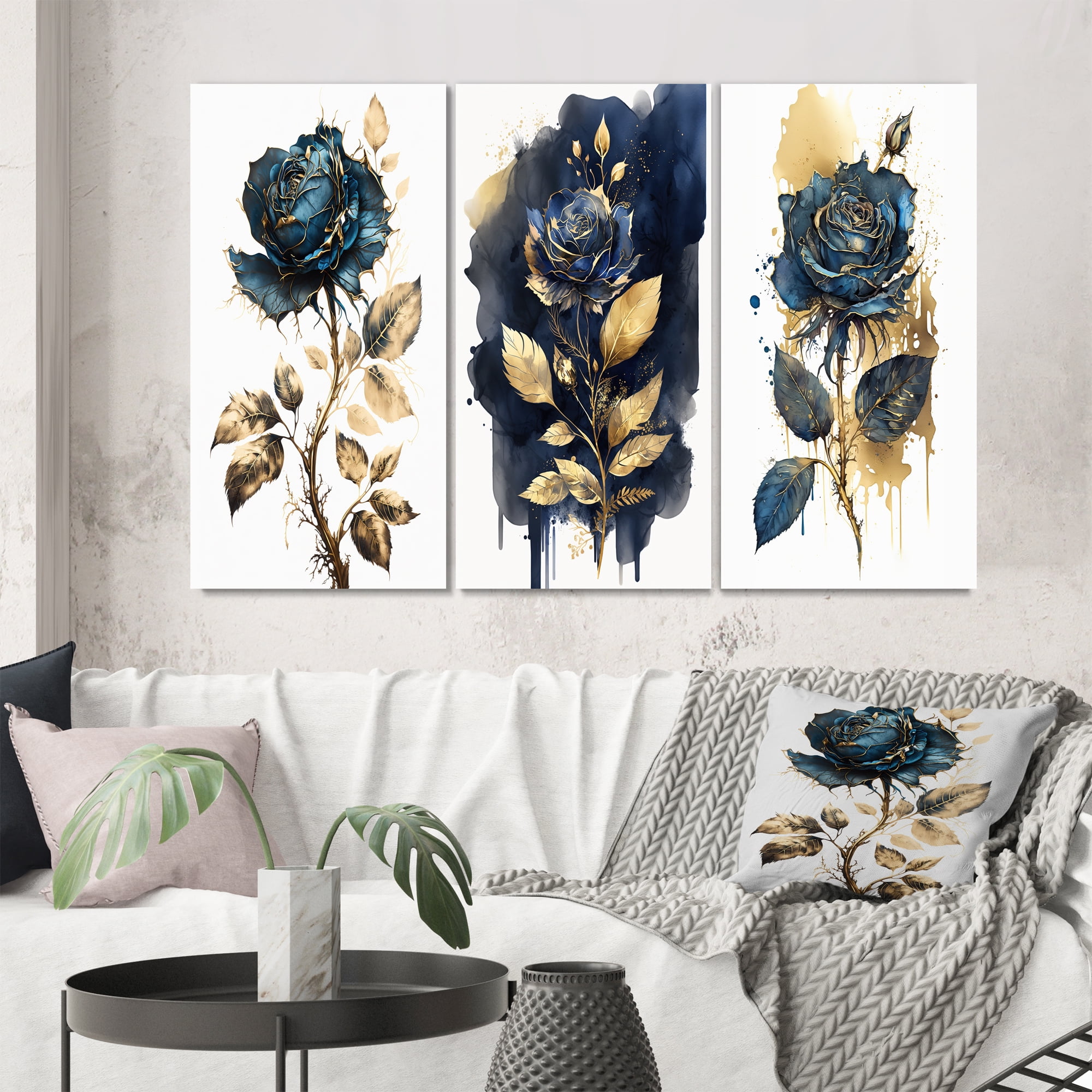 Designart "Blue and Gold Painted Rose on White Background I" Floral ...