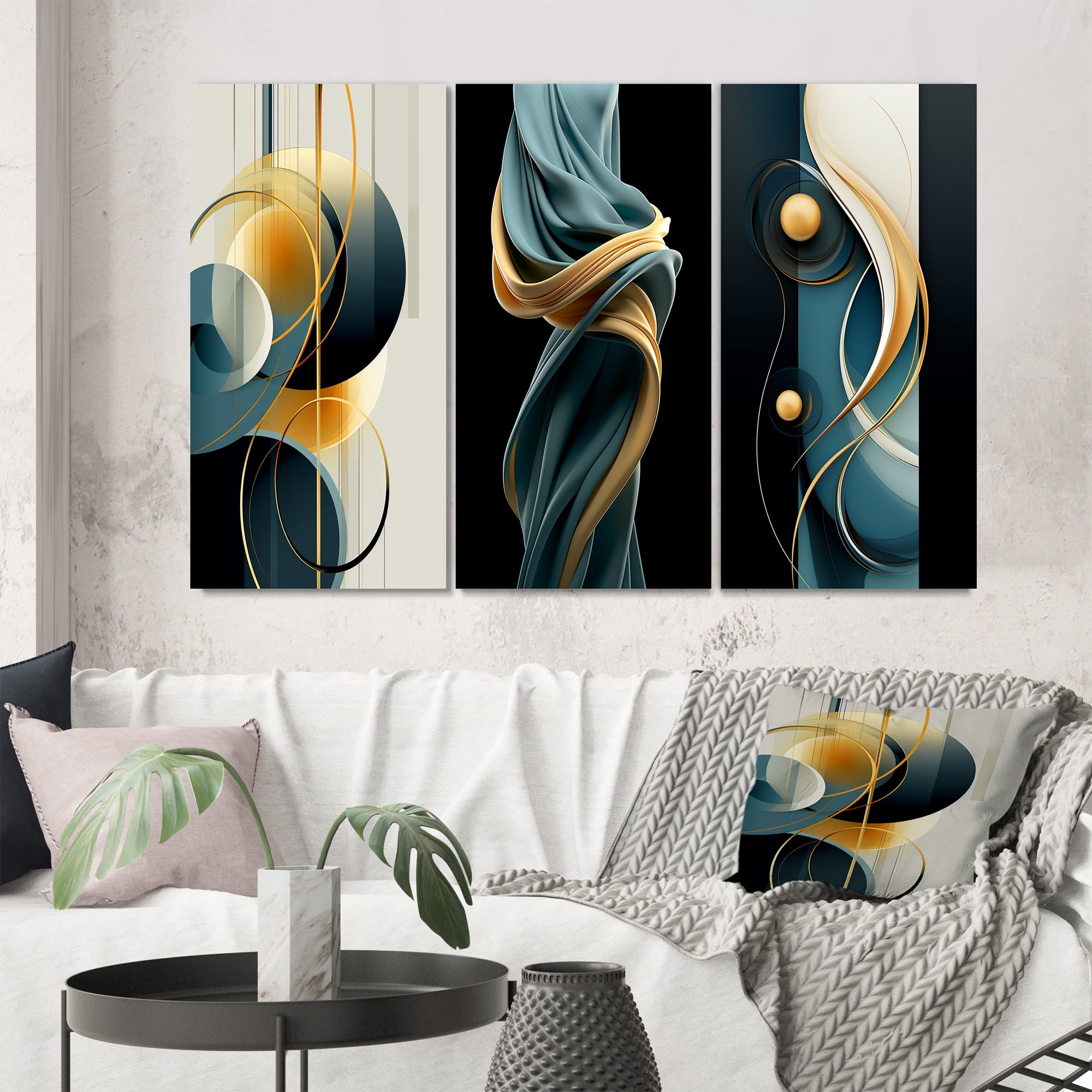 Designart "Blue and Gold Sublime Simplicity II" Modern Geometric Wall ...