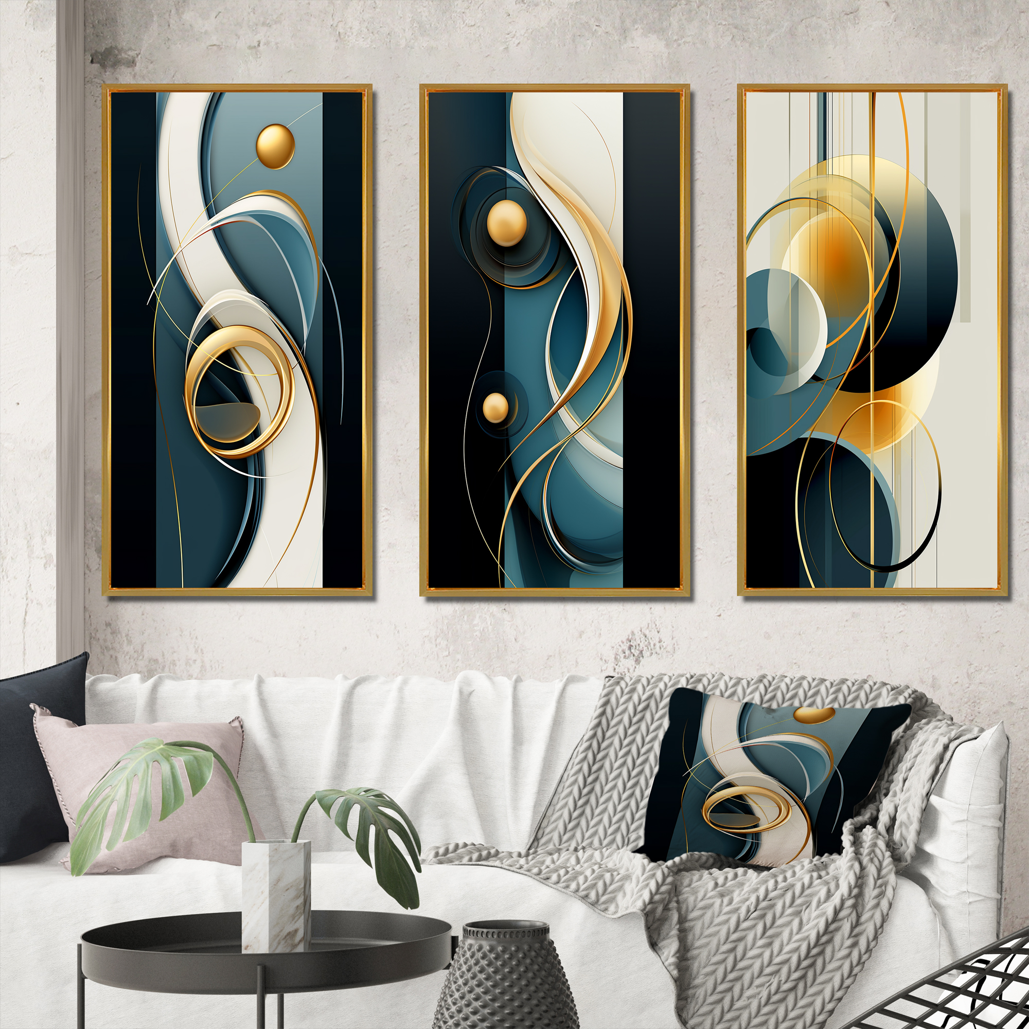 Designart "Blue and Gold Sublime Simplicity III" Modern Geometric ...
