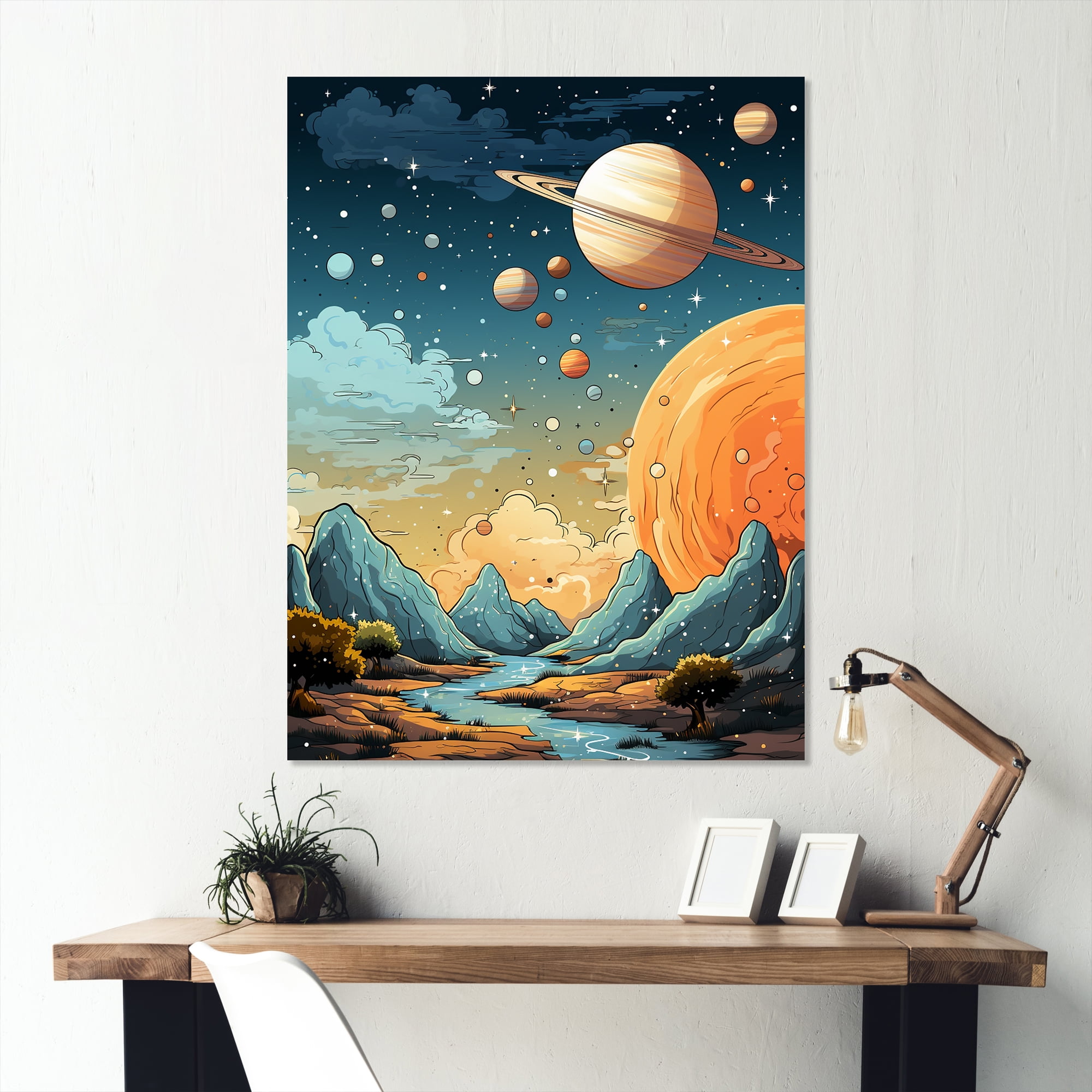 Designart "Blue and Orange Cosmic Planet Constellations II In Blue and Orange"Space Planet Metal ...