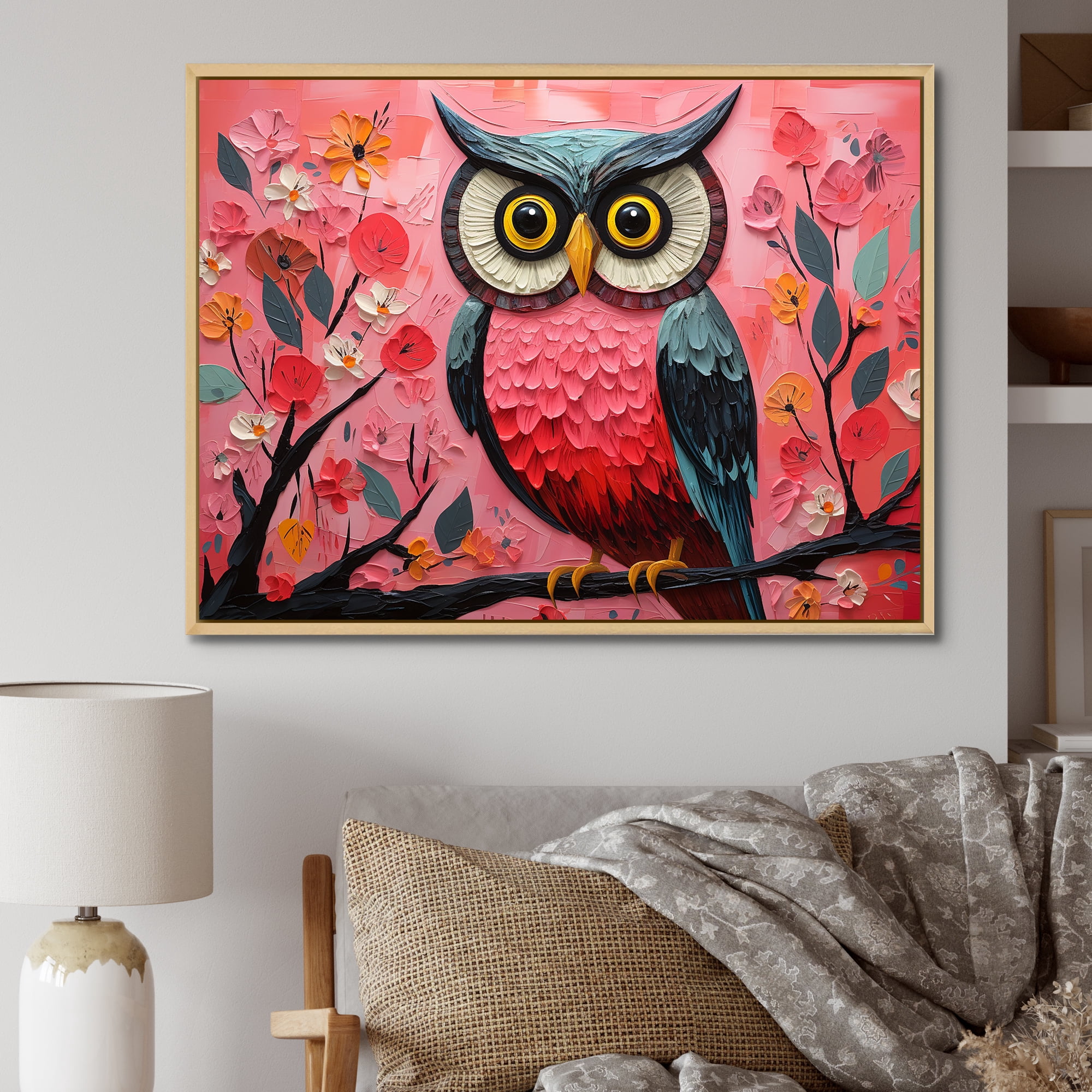 Designart "Blue and Pink Owls in Floral Forest III" Animals Framed Wall ...