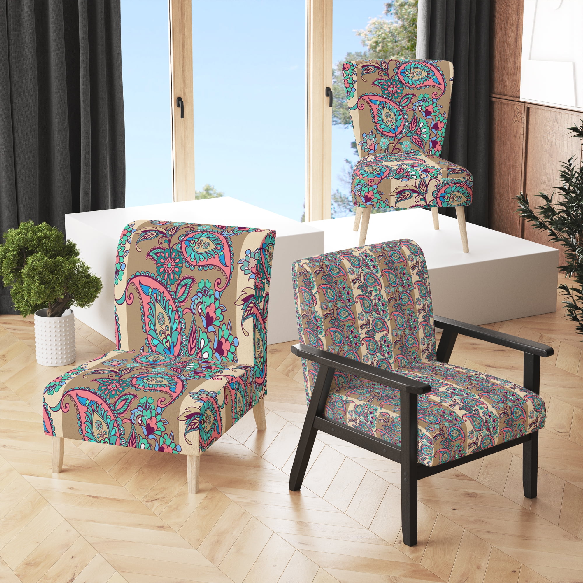 Designart "Blue and Pink Paisley Striped" Upholstered Patterned Accent ...